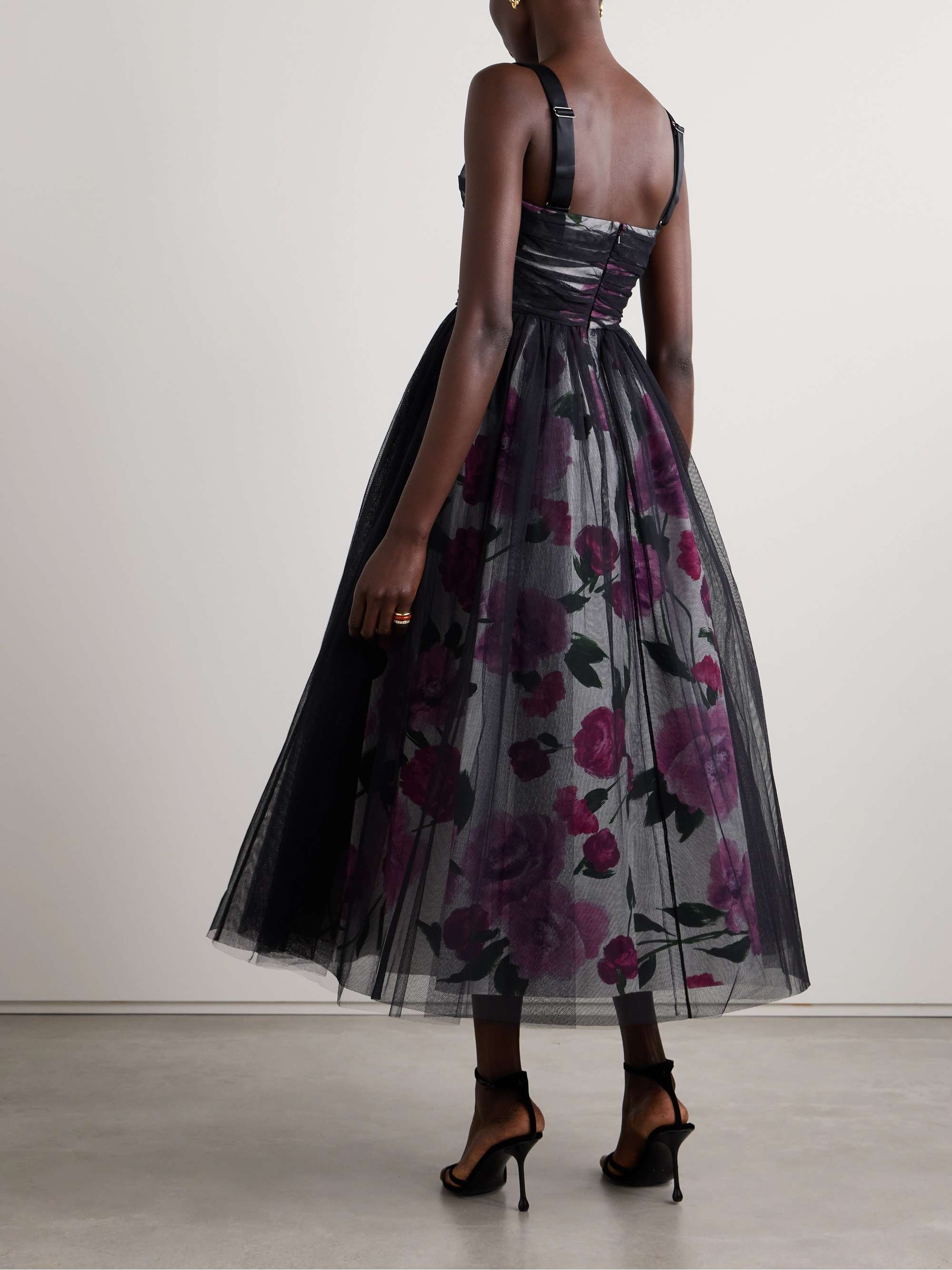 ERDEM Layered ruched tulle and floral-print cotton-faille midi dress ...
