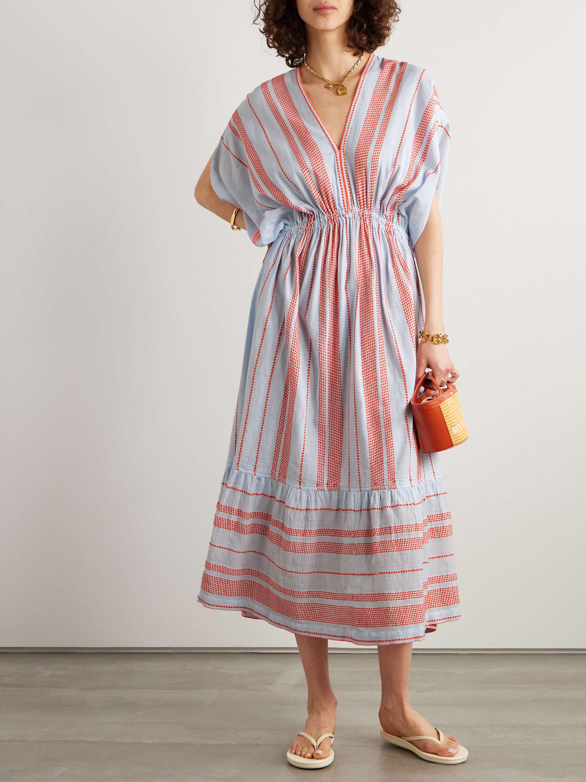 LEMLEM Leila gathered striped cotton-blend midi dress | NET-A-PORTER