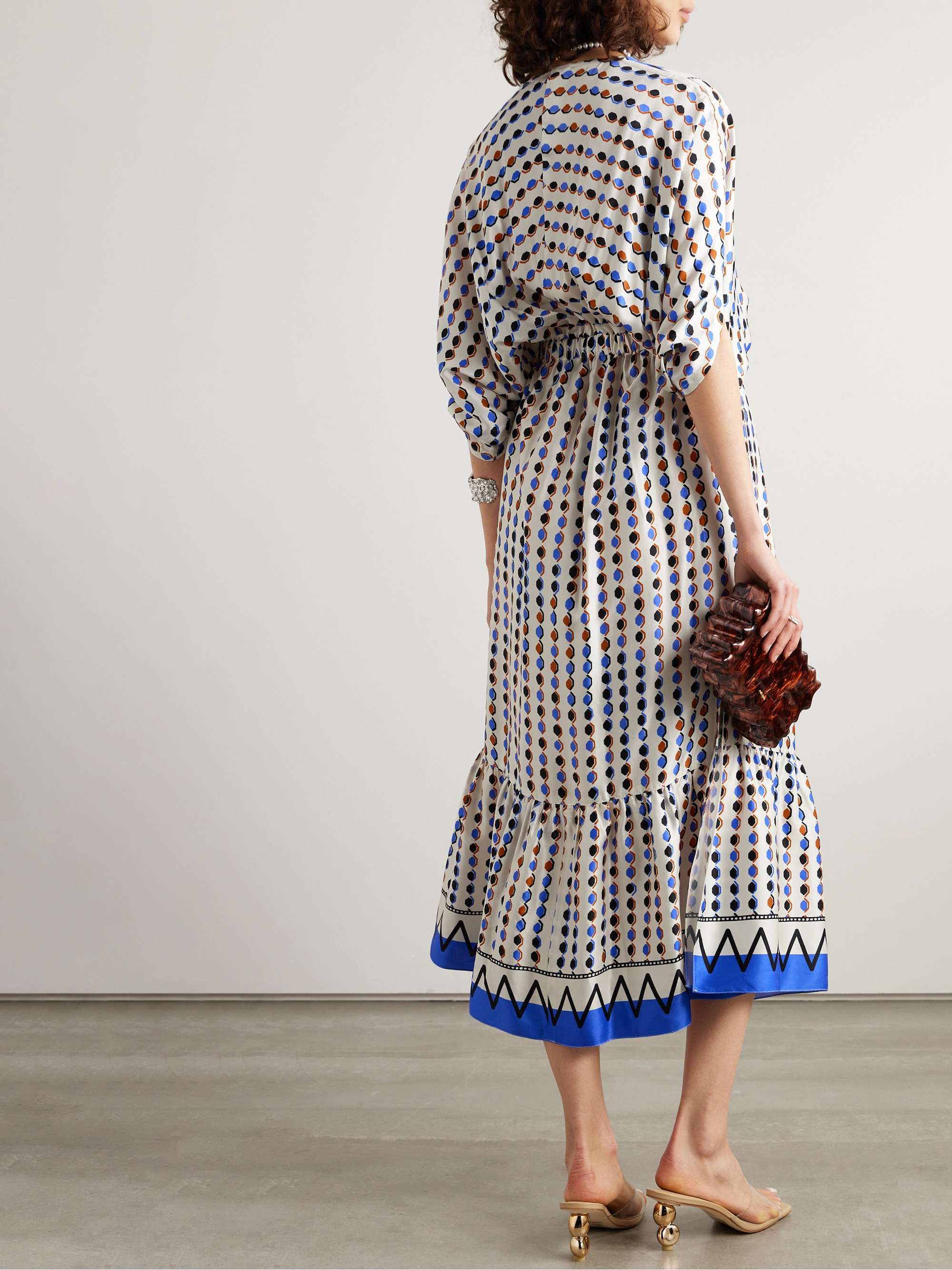 LEMLEM Leila gathered printed ECOVERO™-blend satin midi dress | NET-A ...