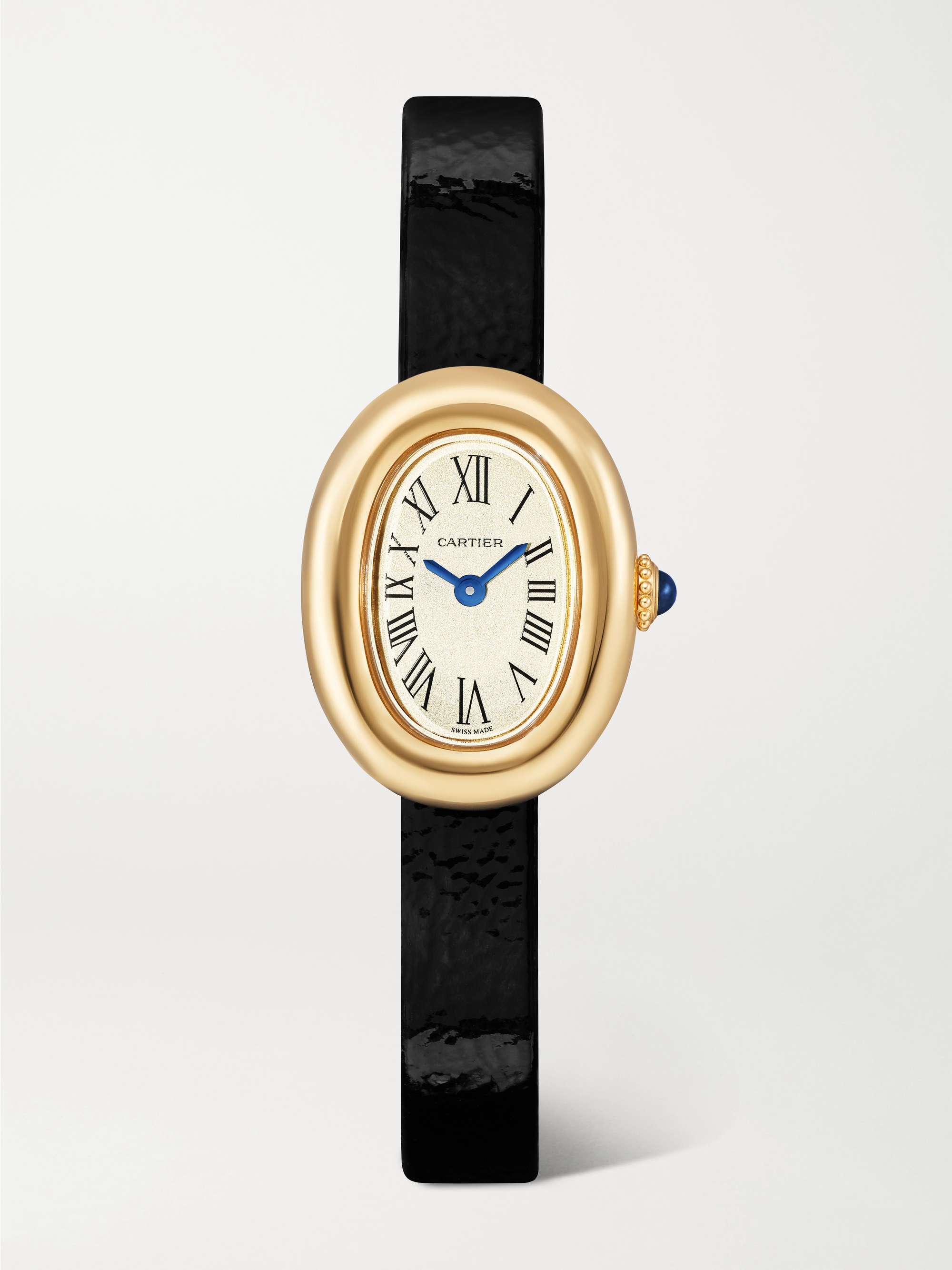 CARTIER Baignoire 24.6mm mini 18-karat gold and glossed-leather watch ...