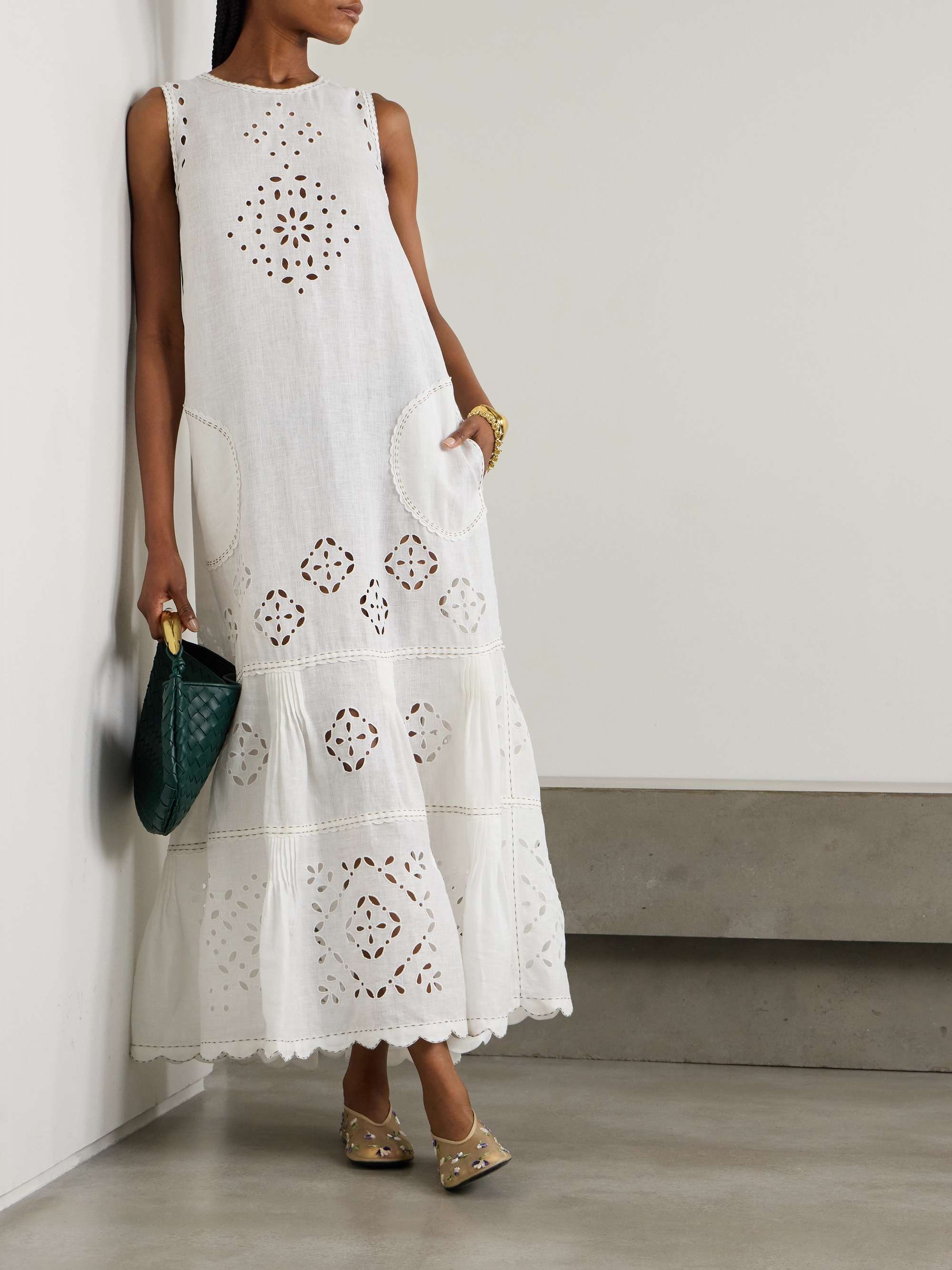 VITA KIN Karry belted tiered embroidered broderie anglaise linen maxi ...