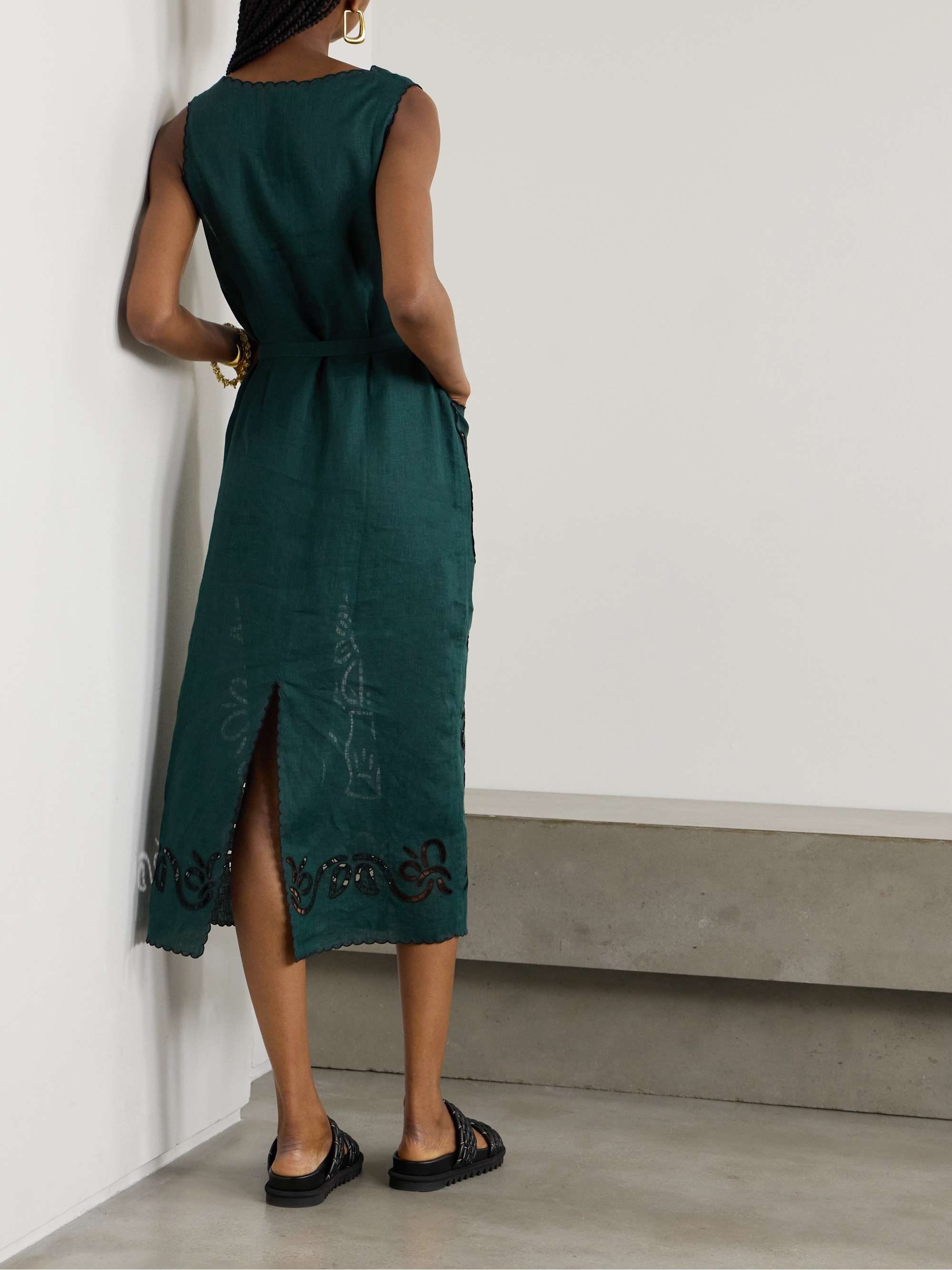 VITA KIN Katya belted scalloped broderie anglaise linen midi dress ...