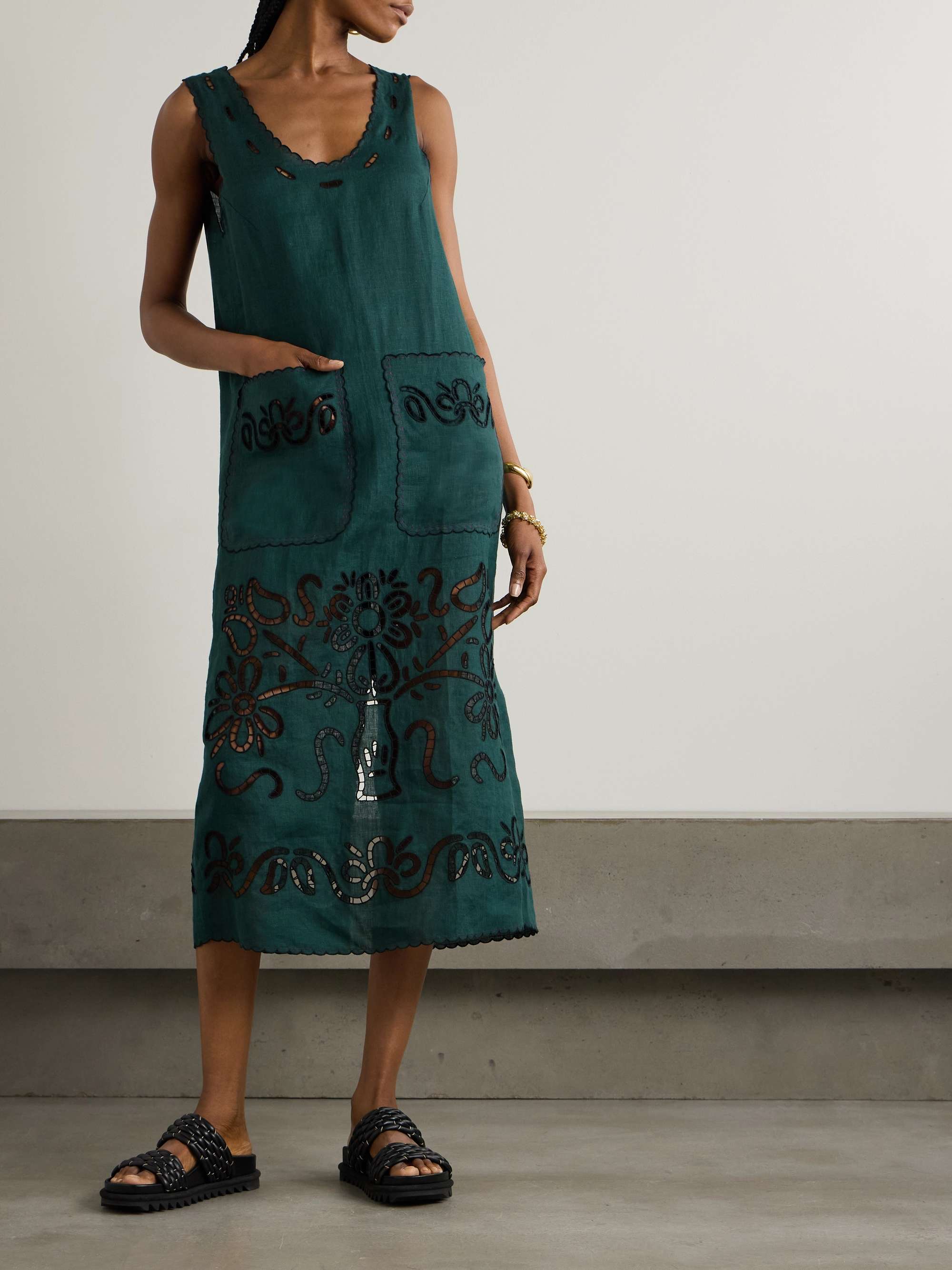 VITA KIN Katya belted scalloped broderie anglaise linen midi dress ...