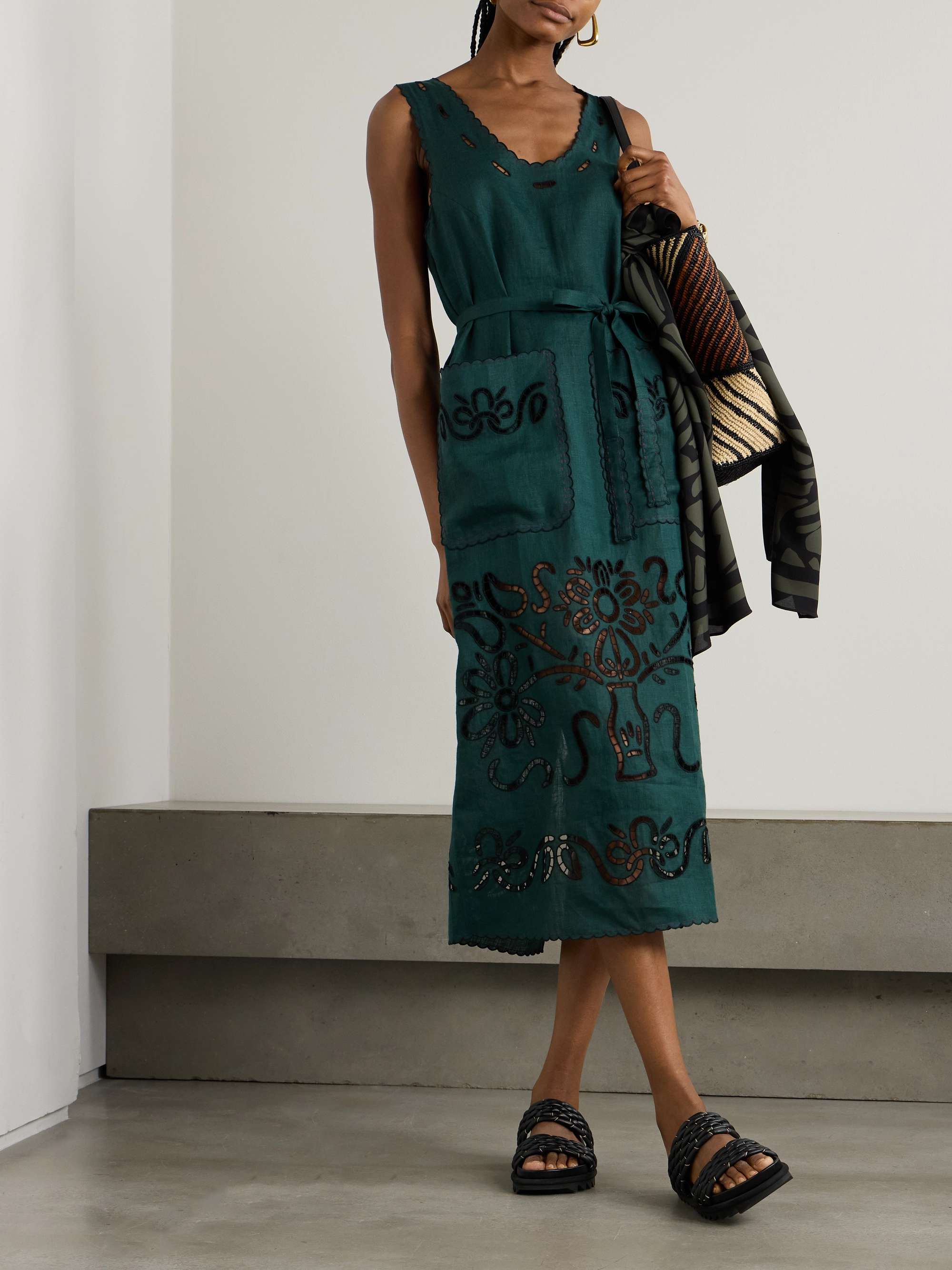 VITA KIN Katya belted scalloped broderie anglaise linen midi dress ...