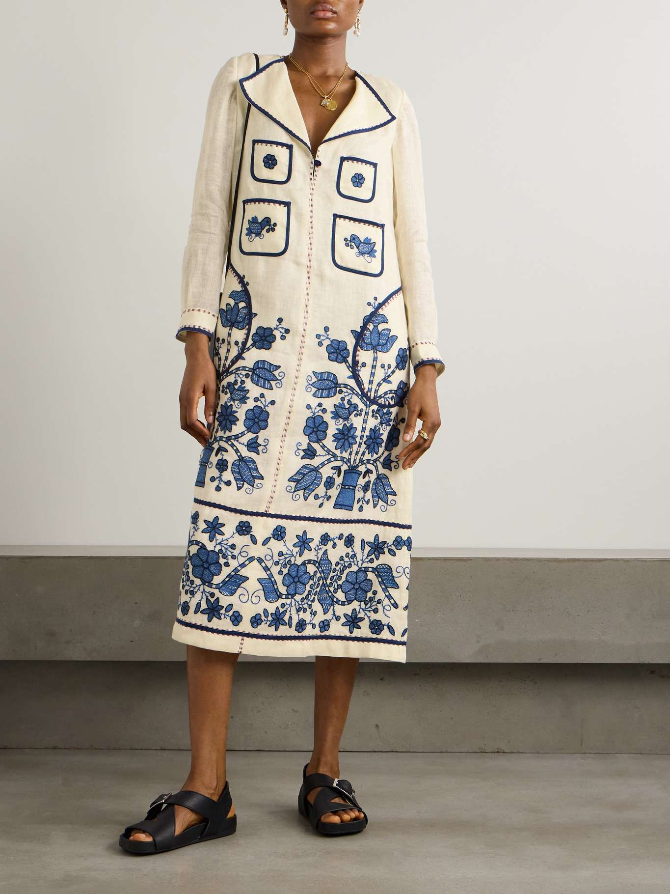 VITA KIN Sasha embroidered linen midi shirt dress | NET-A-PORTER