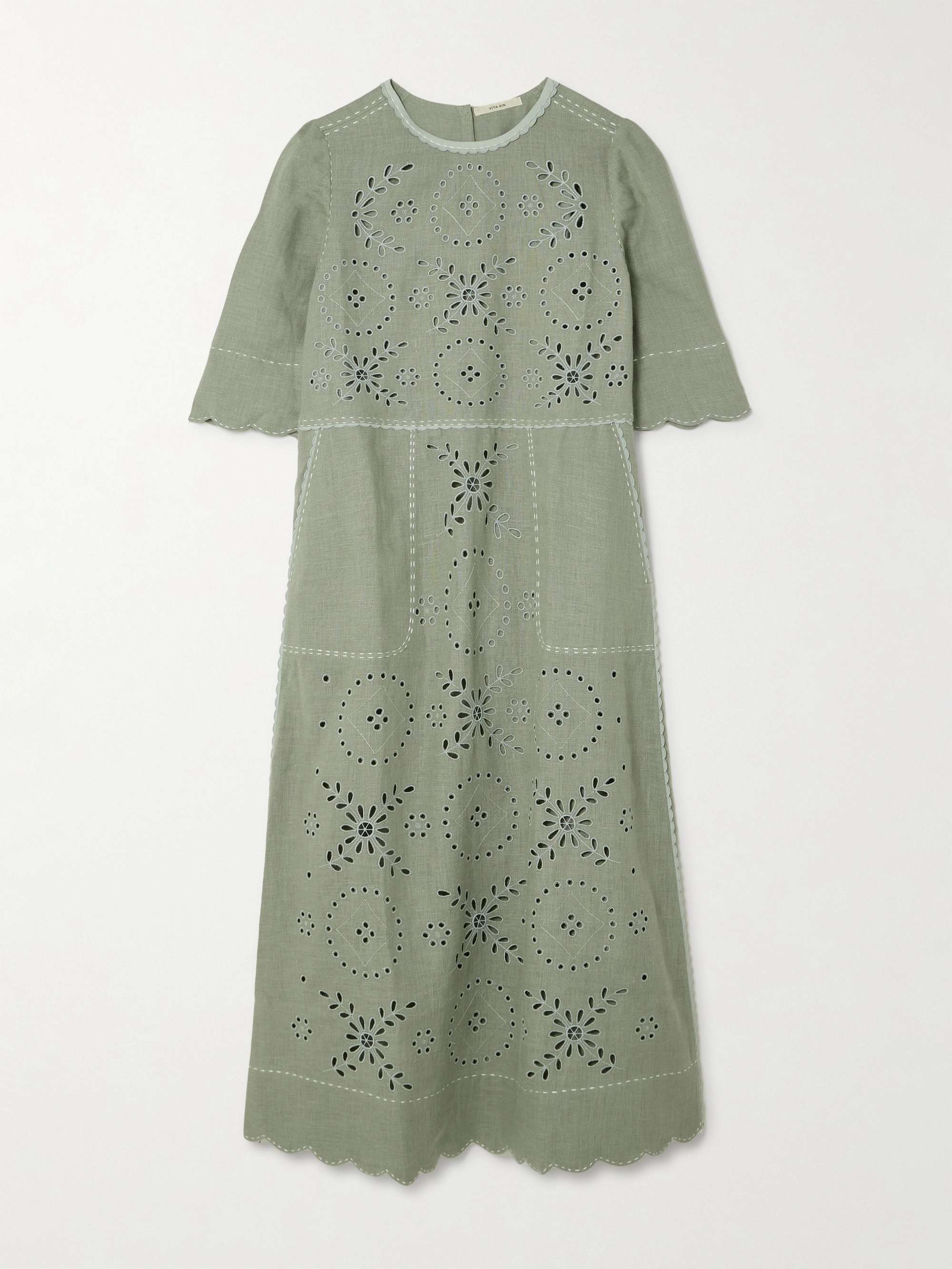 VITA KIN Sabrina scalloped broderie anglaise linen midi dress | NET-A ...