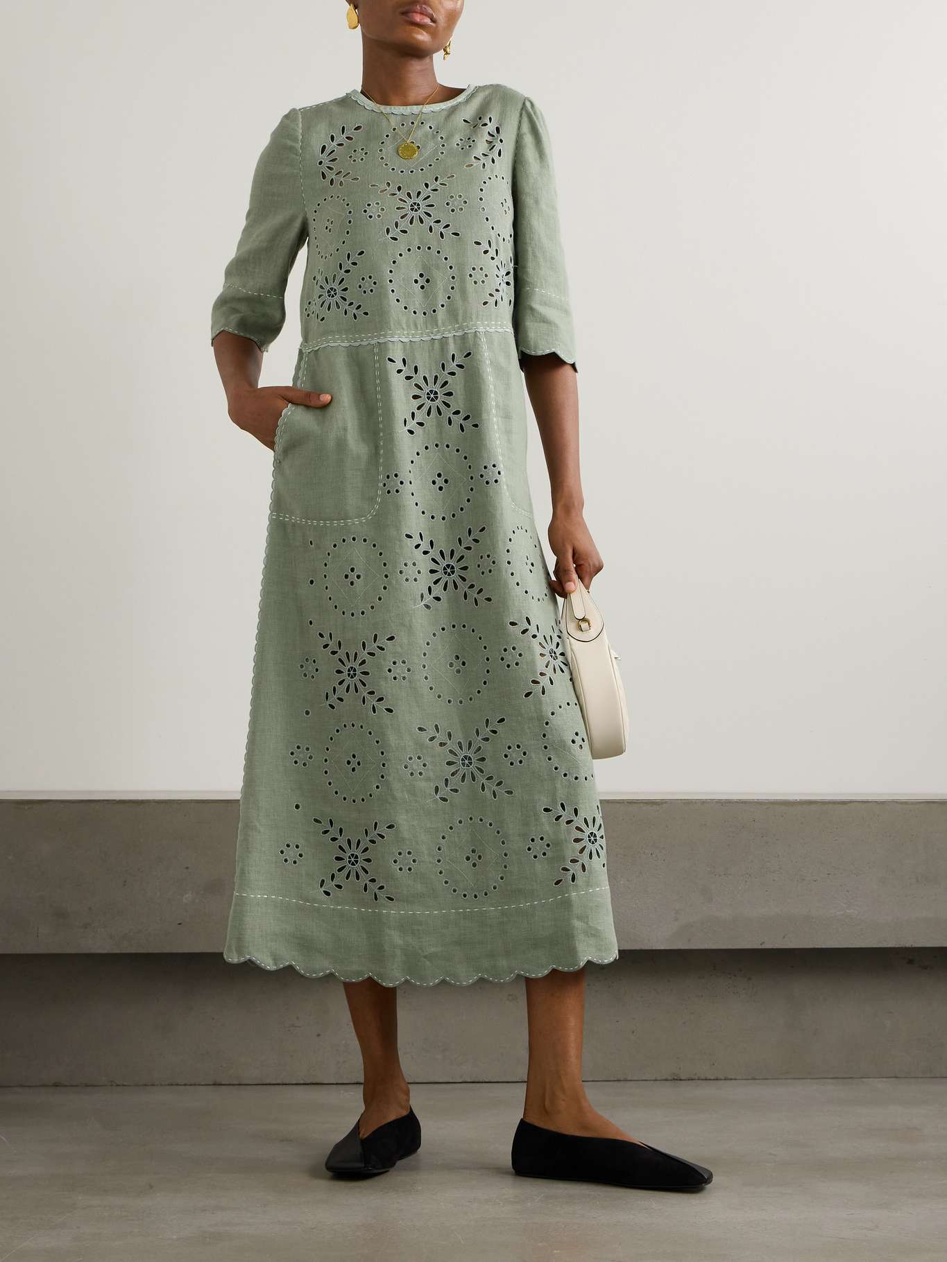 VITA KIN Sabrina scalloped broderie anglaise linen midi dress | NET-A ...