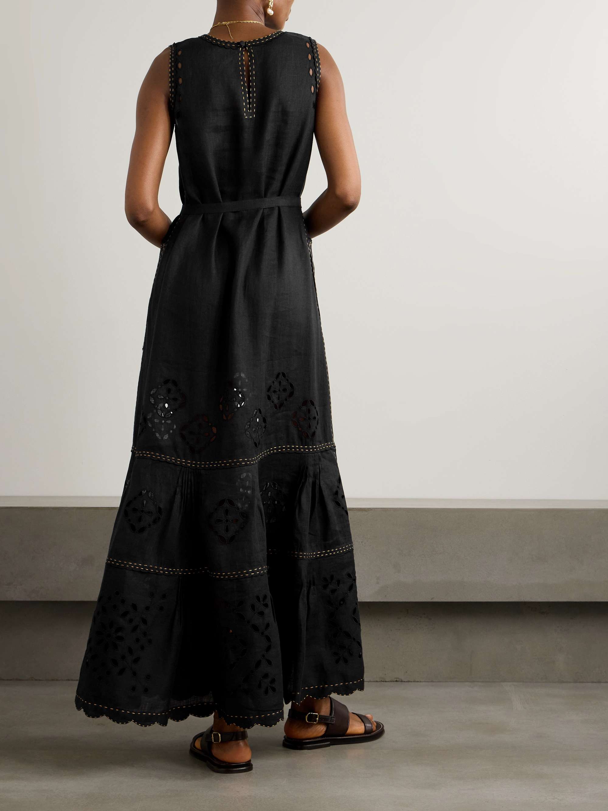 VITA KIN Karry belted tiered embroidered broderie anglaise linen maxi ...