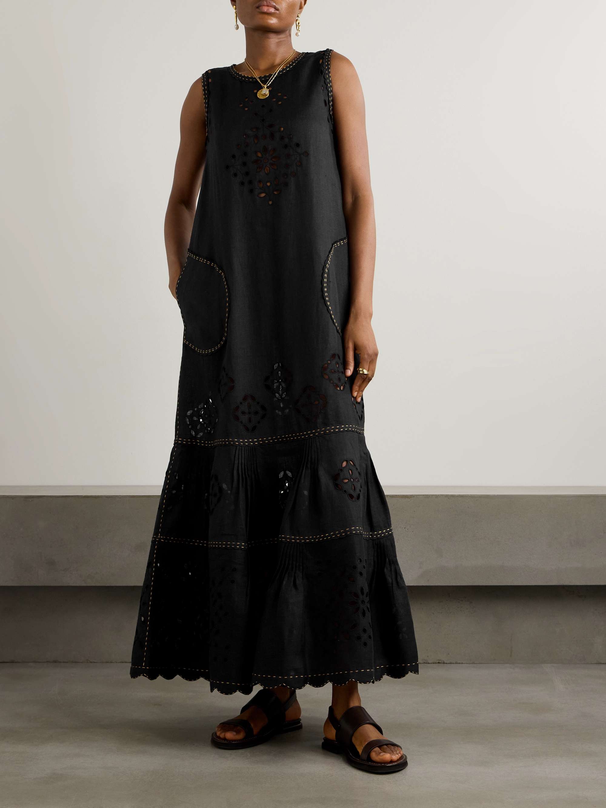 VITA KIN Karry belted tiered embroidered broderie anglaise linen maxi ...