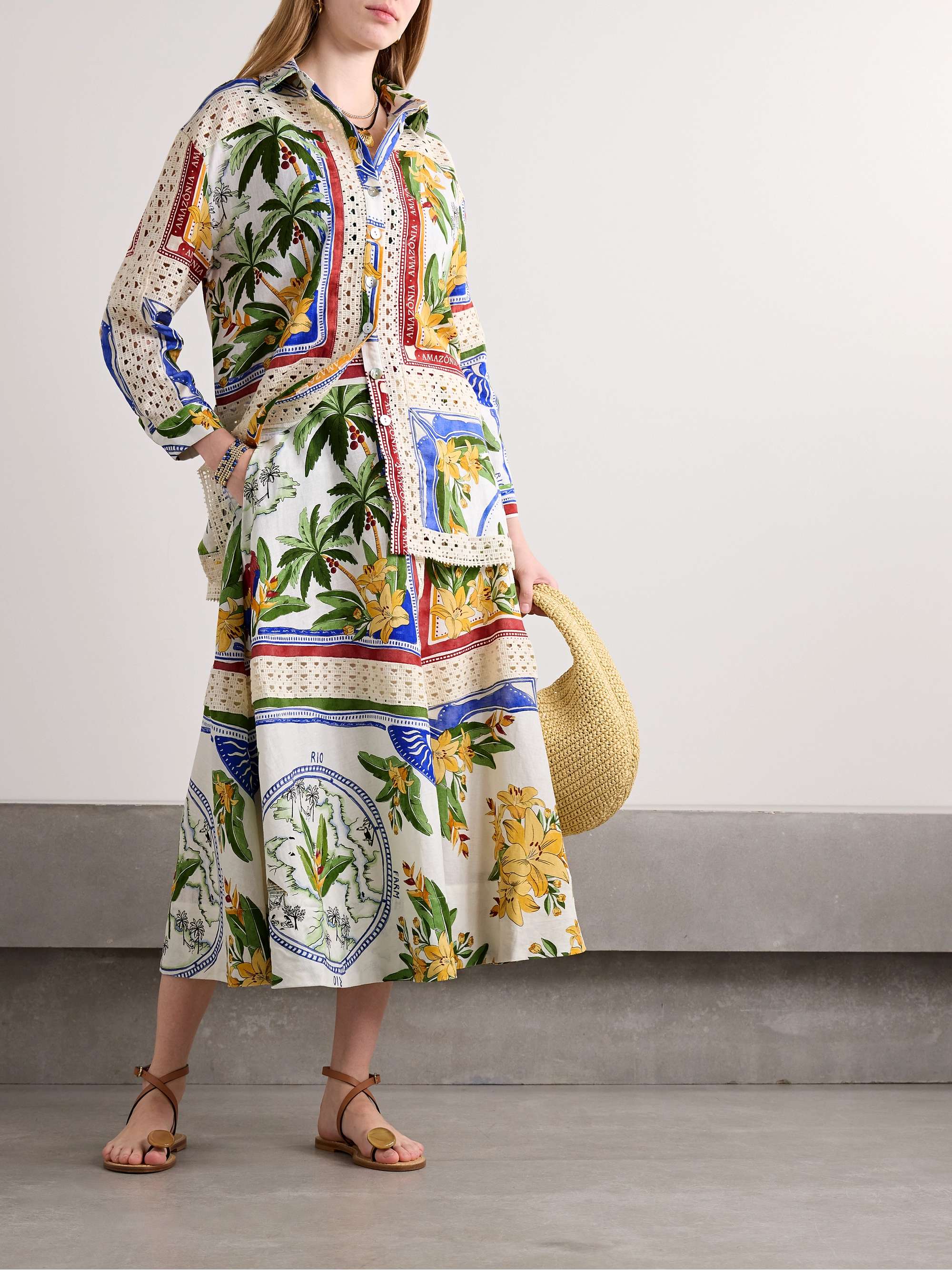 FARM RIO Crochet-trimmed printed linen-blend voile shirt | NET-A-PORTER