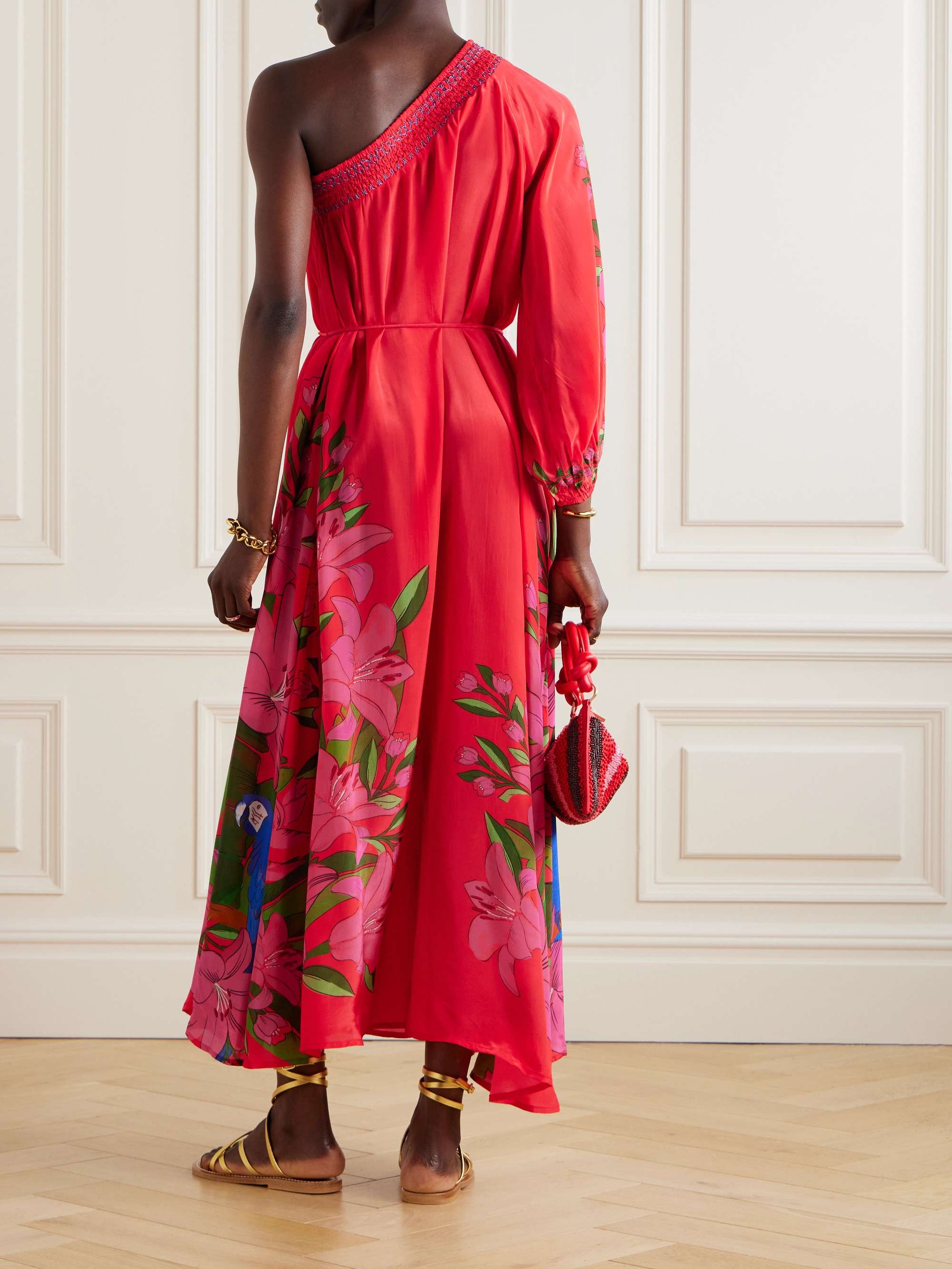 FARM RIO One-shoulder belted gathered floral-print satin maxi dress | NET-A-PORTER