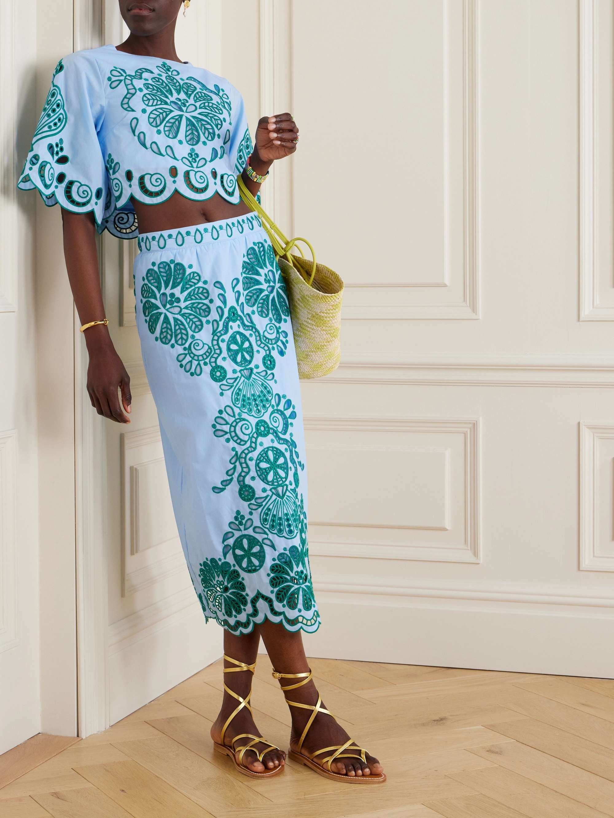 FARM RIO Broderie anglaise cotton-poplin midi skirt | NET-A-PORTER