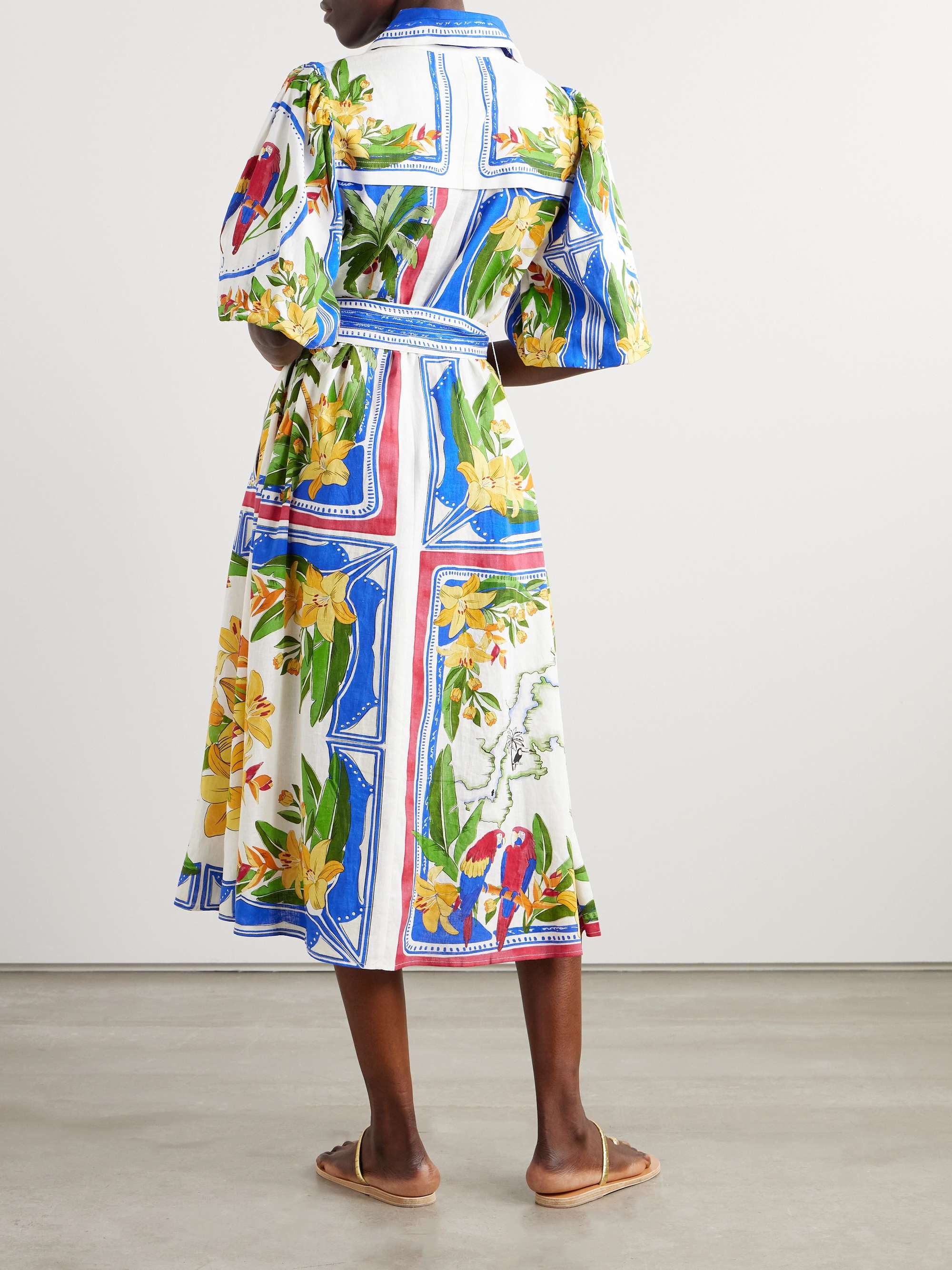 FARM RIO Tropical Destination belted printed linen-blend midi shirt dress | NET-A-PORTER