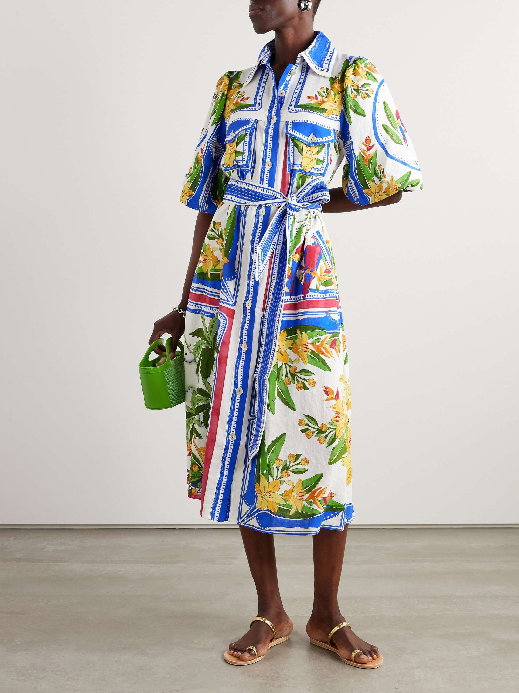 FARM RIO Tropical Destination belted printed linen-blend midi shirt dress | NET-A-PORTER