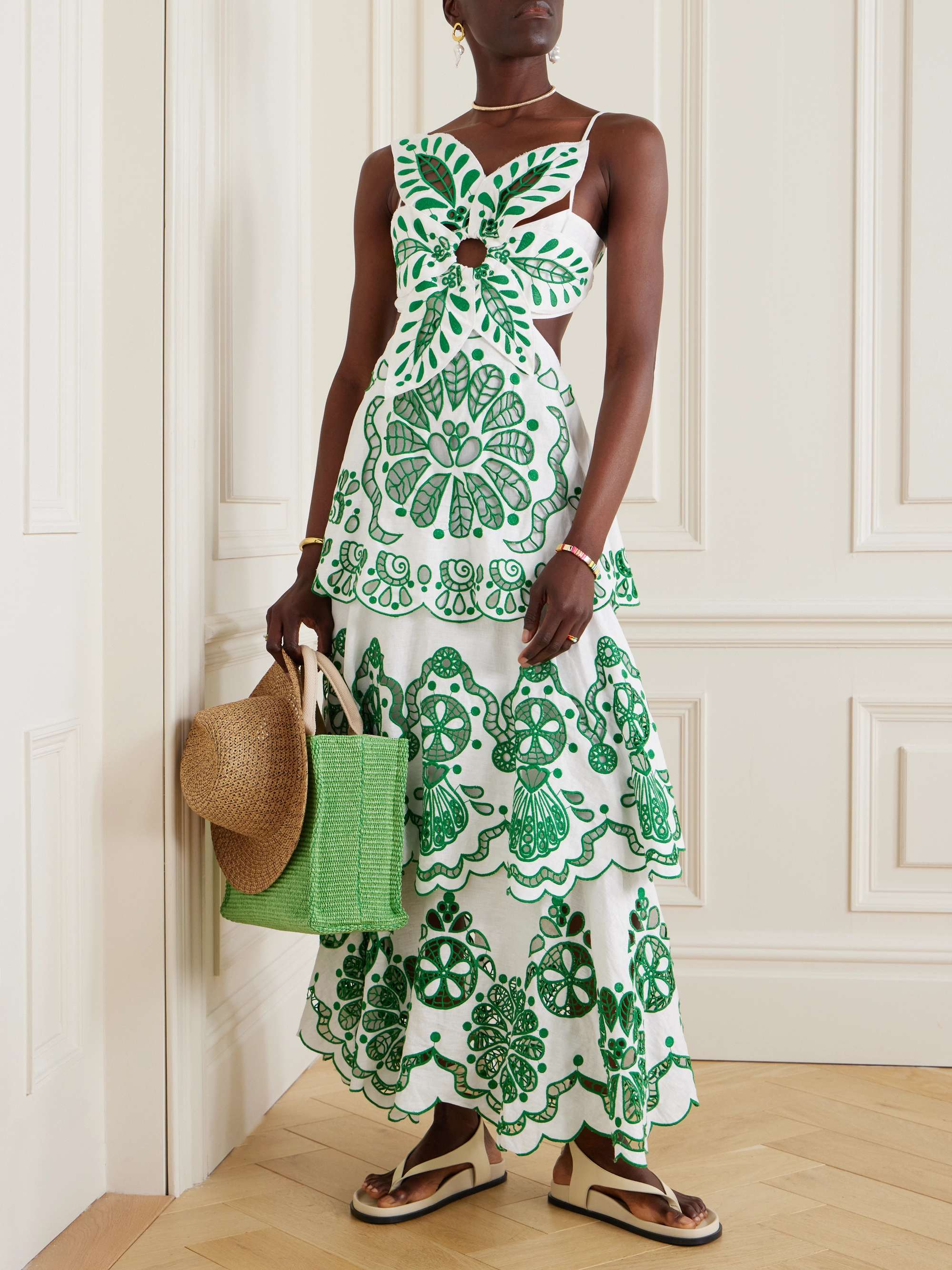 FARM RIO Broderie anglaise linen midi dress | NET-A-PORTER