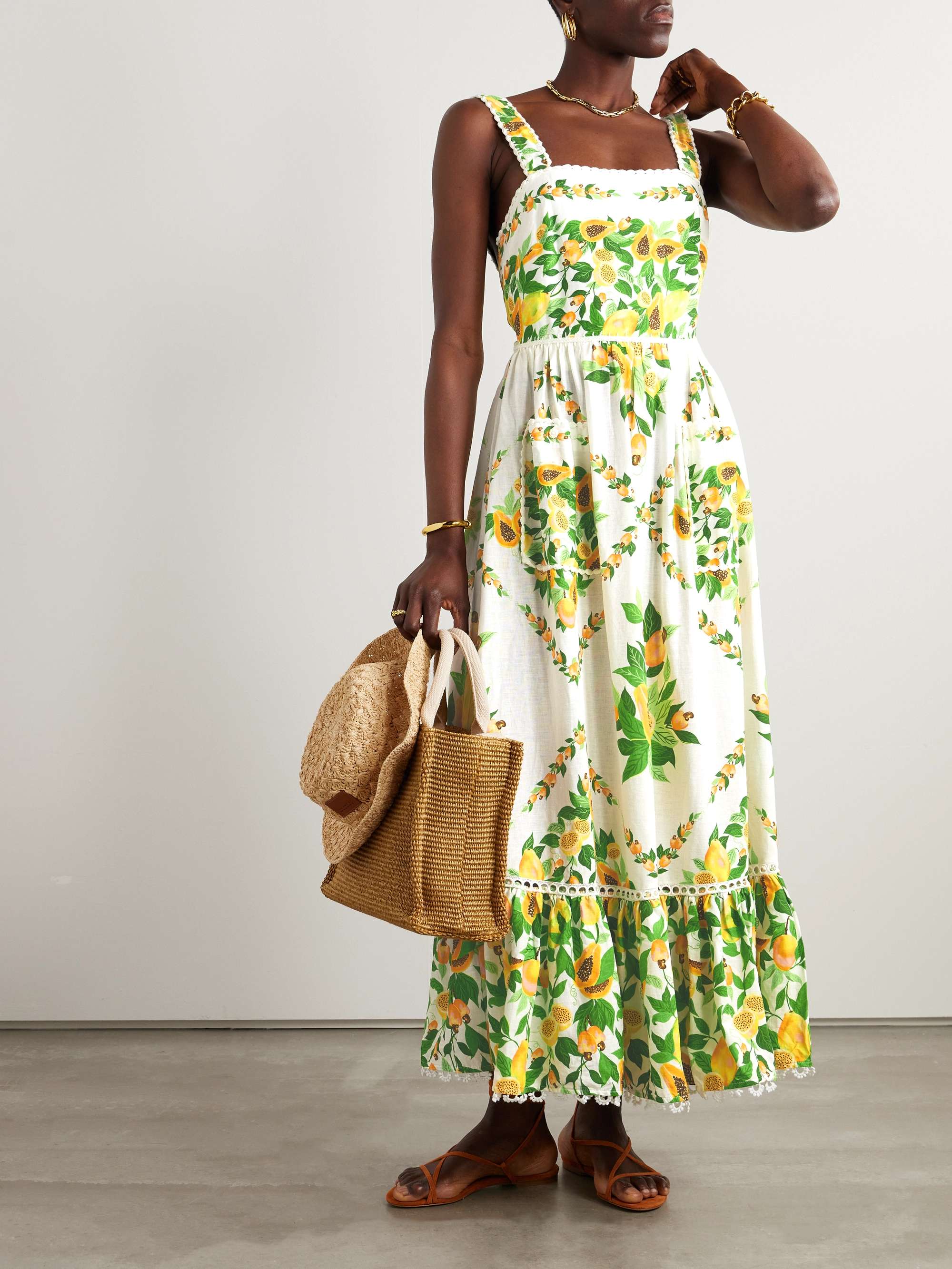 FARM RIO Papaya Salad knit-trimmed Euroflax™ linen and LENZING™ ECOVERO ...