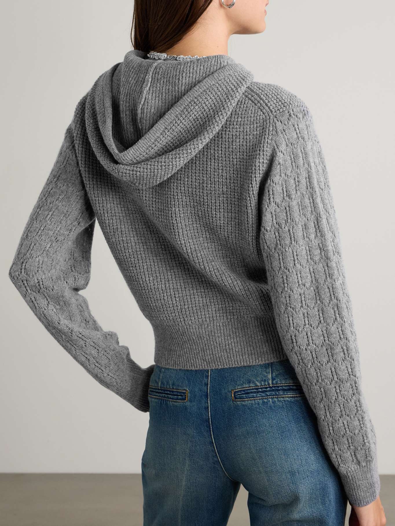 VICTORIA BECKHAM Hooded pointelle and waffle-knit stretch-wool sweater ...