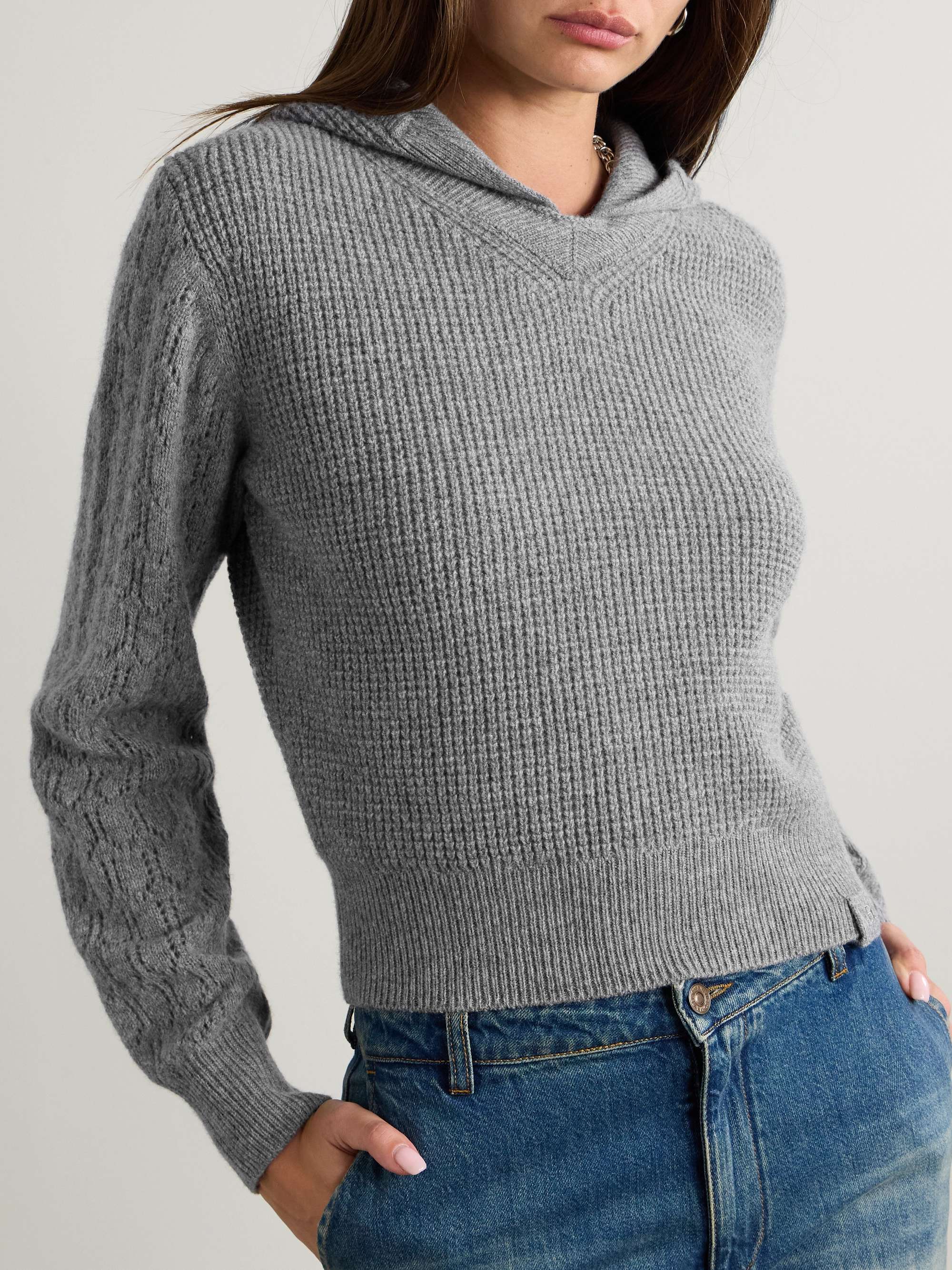 VICTORIA BECKHAM Hooded pointelle and waffle-knit stretch-wool sweater ...