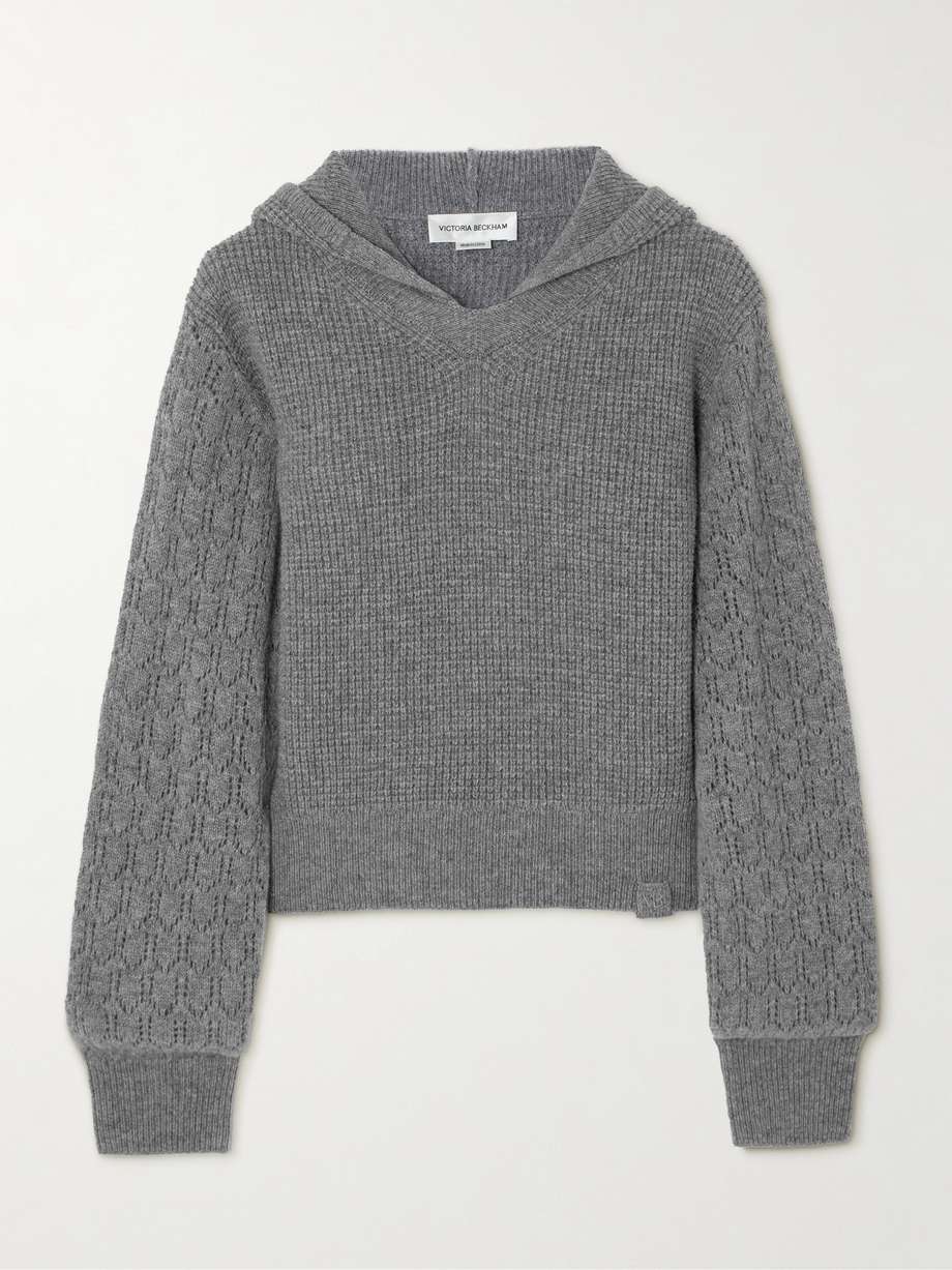 VICTORIA BECKHAM Hooded pointelle and waffle-knit stretch-wool sweater ...