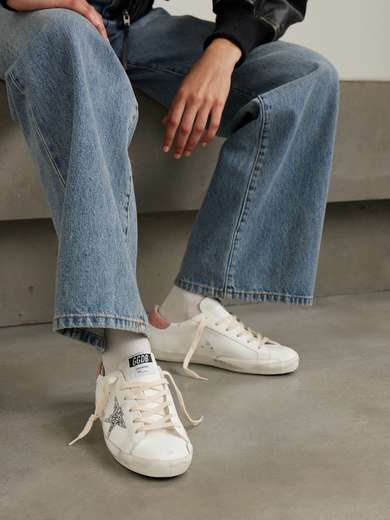 GOLDEN GOOSE Super-Star distressed glittered leather sneakers | NET-A ...