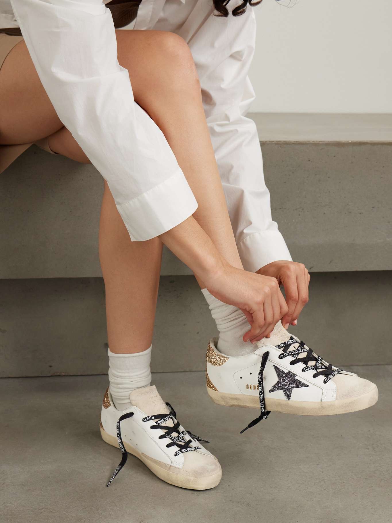GOLDEN GOOSE Super-Star distressed suede-trimmed glittered leather ...