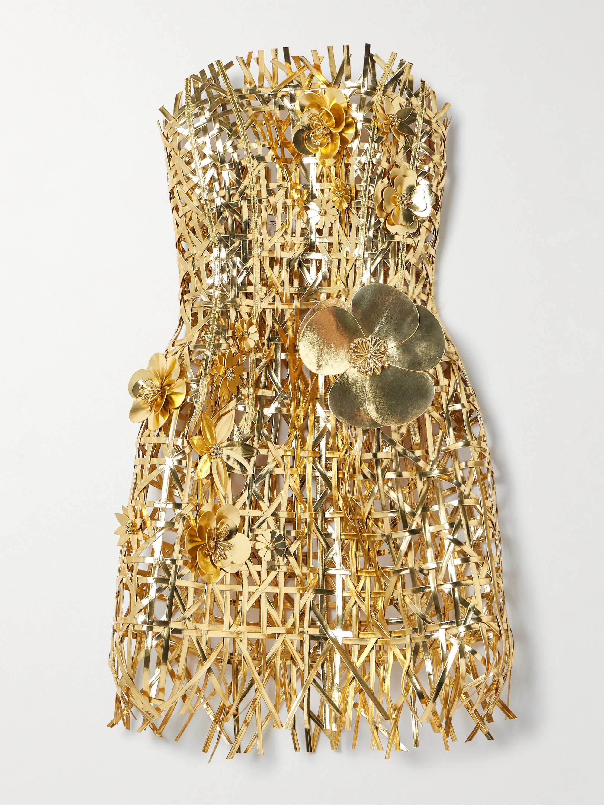 OSCAR DE LA RENTA Belted strapless appliquéd faux leather mini dress ...