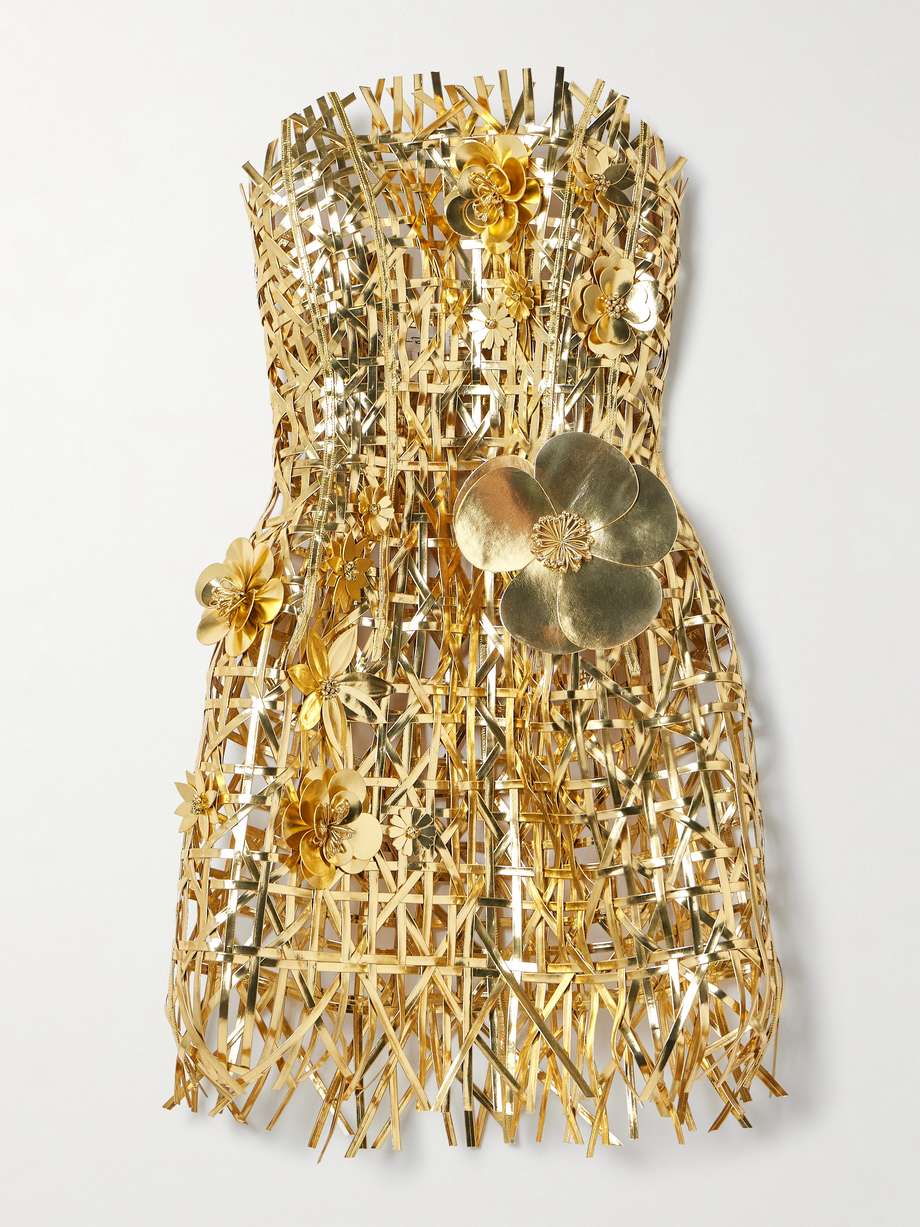 OSCAR DE LA RENTA Belted strapless appliquéd faux leather mini dress | NET-A-PORTER