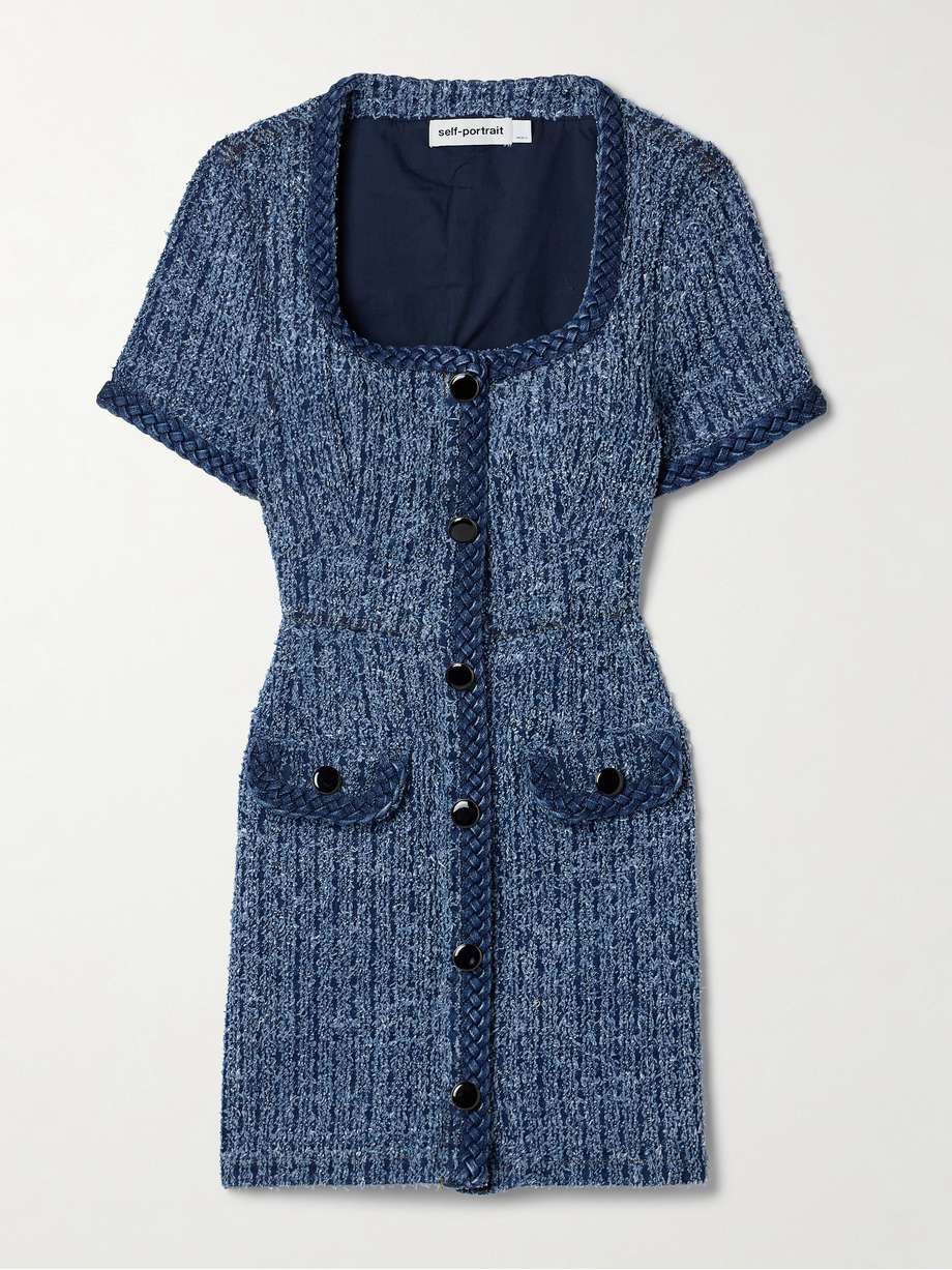 SELF-PORTRAIT Braided-trimmed denim-tweed mini dress | NET-A-PORTER