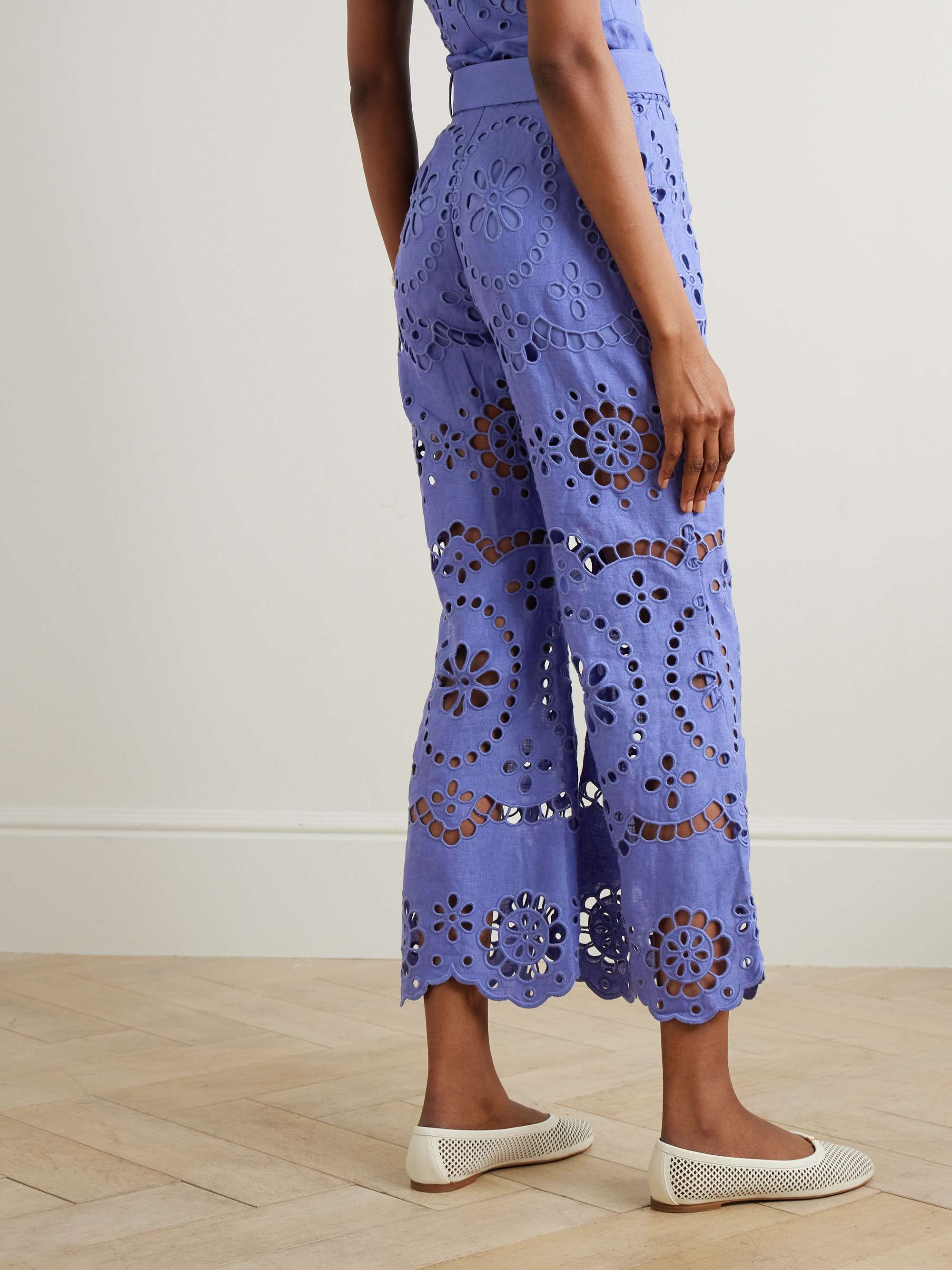 ZIMMERMANN Pop belted cropped broderie anglaise linen flared pants ...
