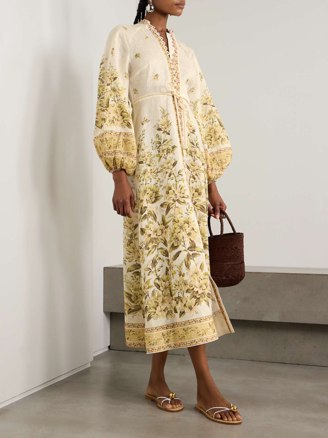 ZIMMERMANN Golden belted floral-print linen midi dress | NET-A-PORTER
