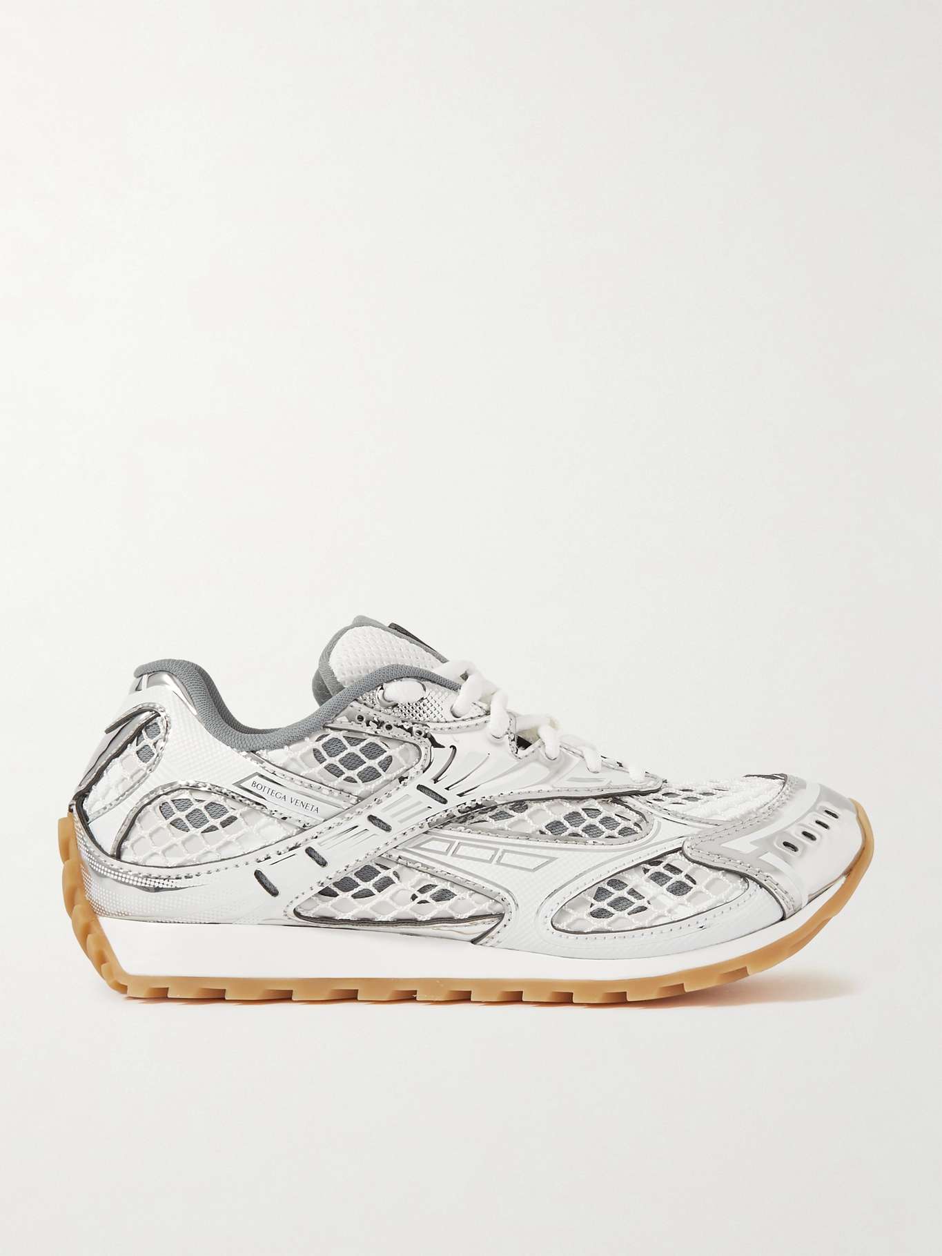 BOTTEGA VENETA Orbit metallic rubber, mesh and fishnet sneakers | NET-A ...