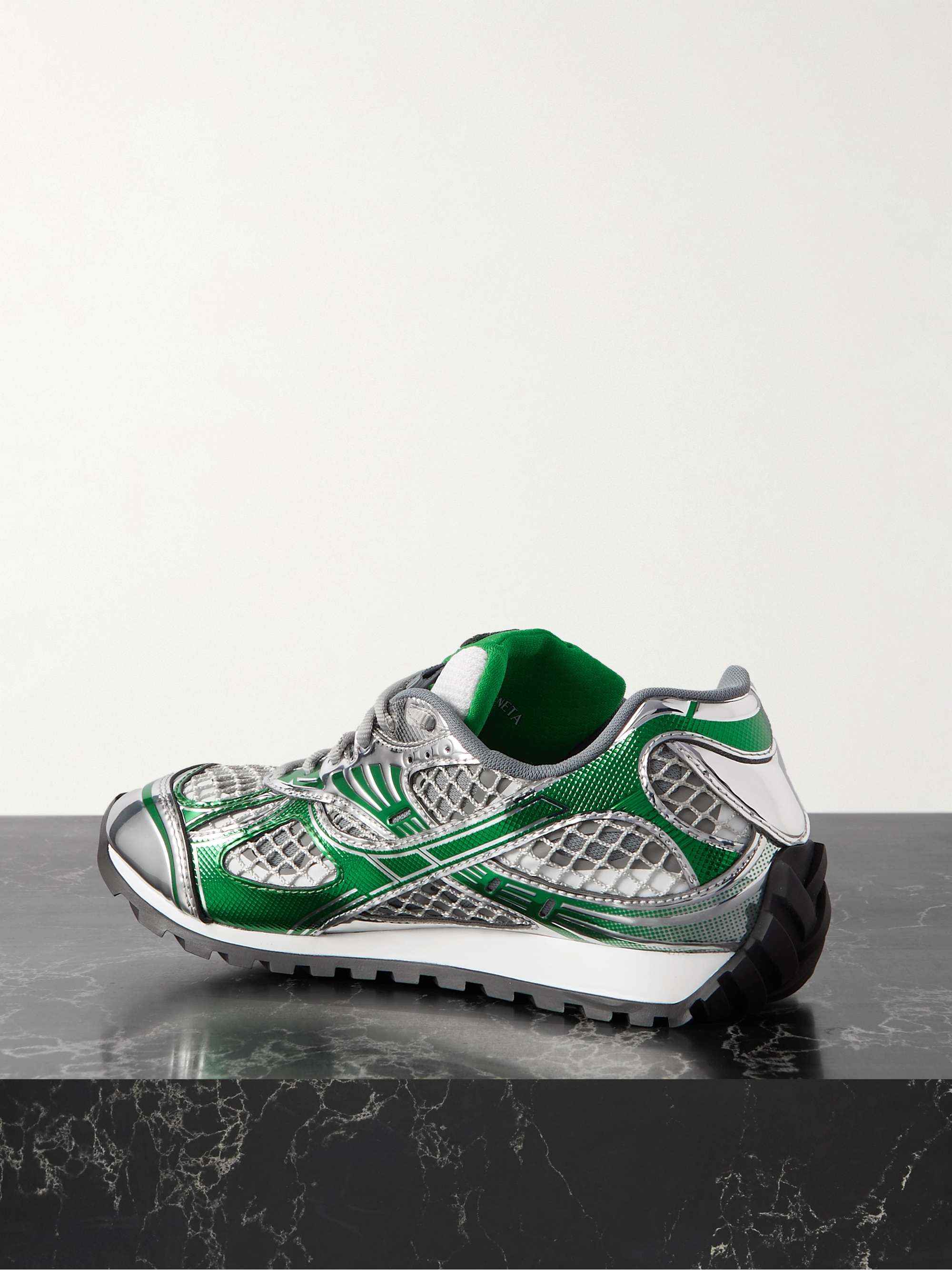 BOTTEGA VENETA Orbit metallic rubber, mesh and fishnet sneakers | NET-A ...