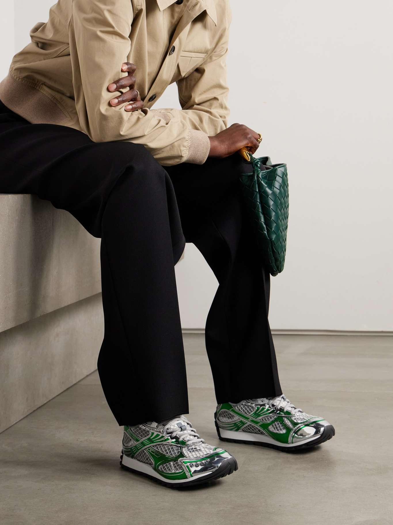BOTTEGA VENETA Orbit metallic rubber, mesh and fishnet sneakers | NET-A ...