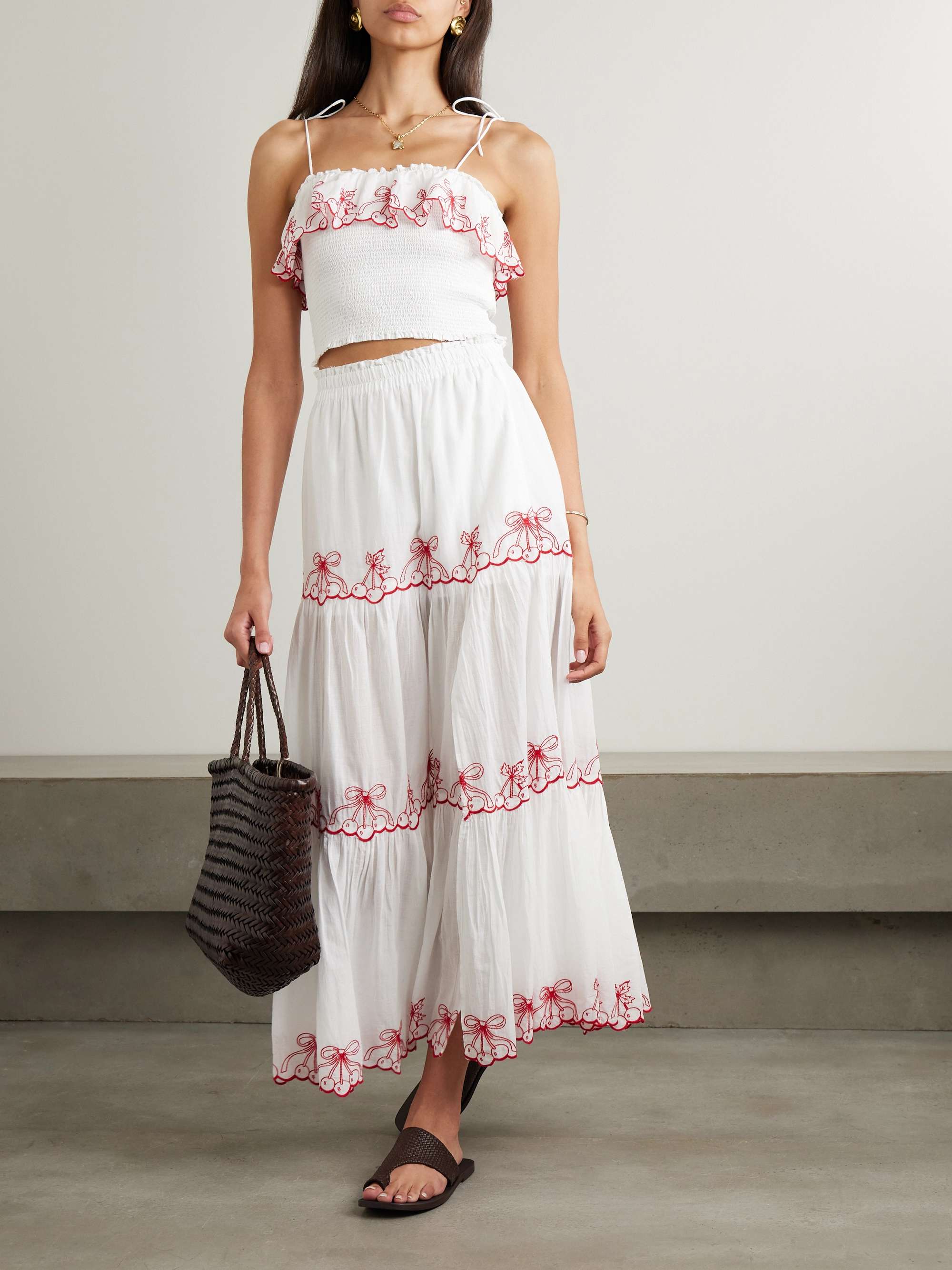 LOVESHACKFANCY Carletta cropped embroidered shirred cotton-voile top ...