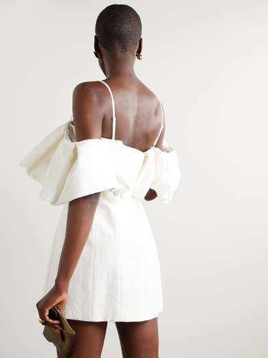 SIMKHAI Puff cold-shoulder ruffled cotton and linen-blend mini dress ...