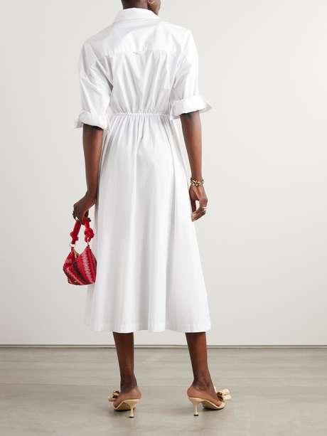 STAUD Lisa bow-detailed gathered cutout cotton-blend poplin midi shirt ...