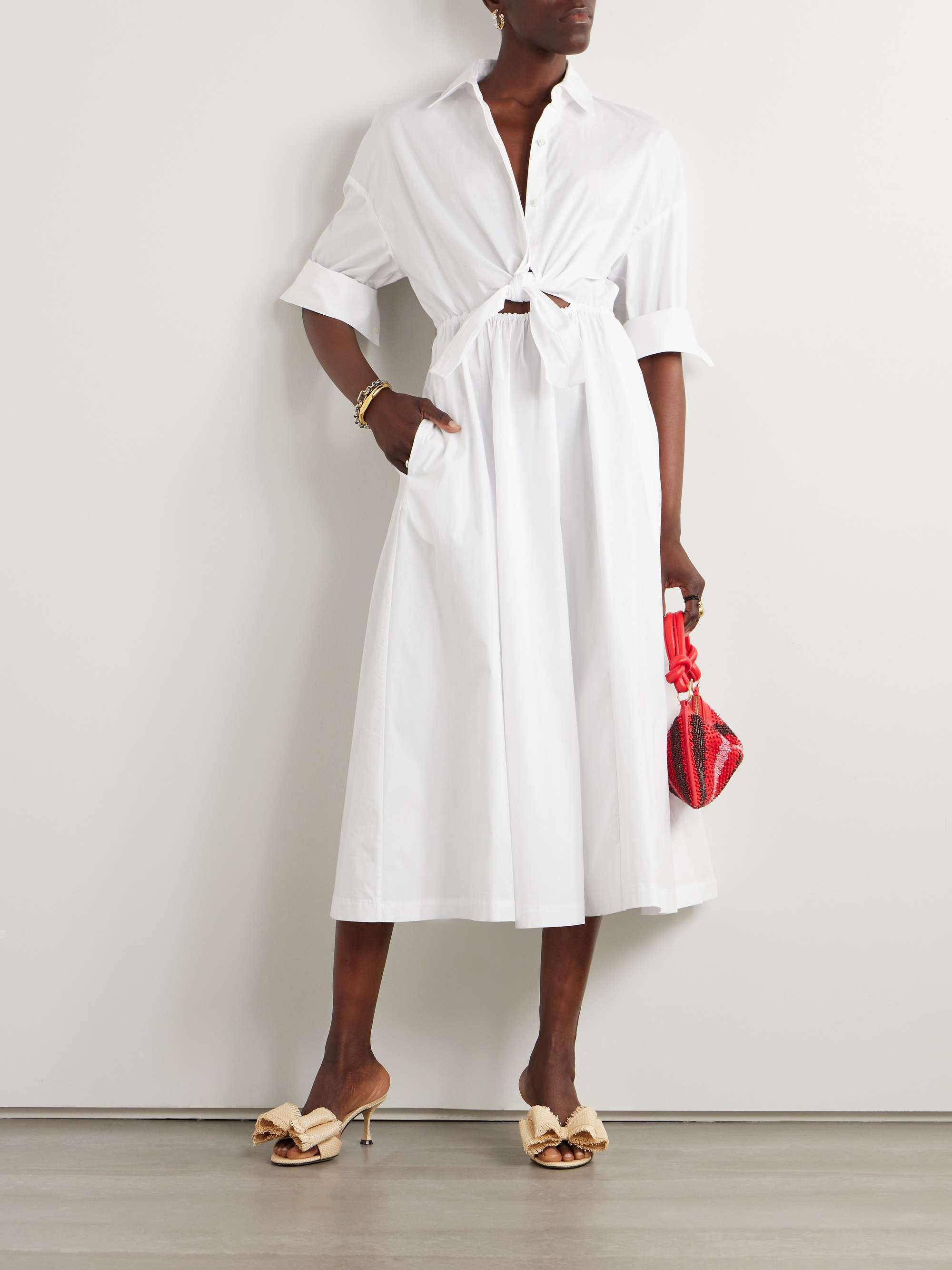 STAUD Lisa bow-detailed gathered cutout cotton-blend poplin midi shirt ...