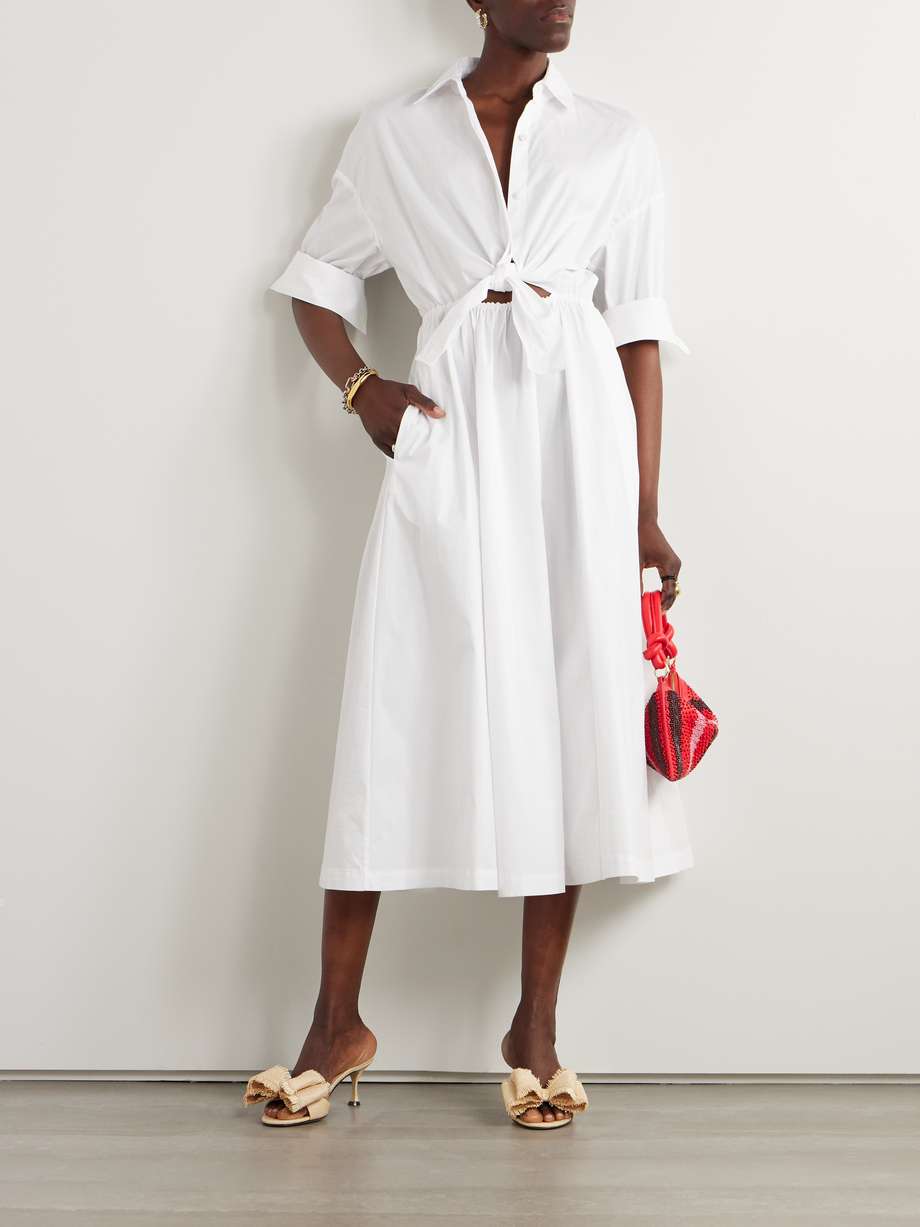STAUD Lisa bow-detailed gathered cutout cotton-blend poplin midi shirt ...