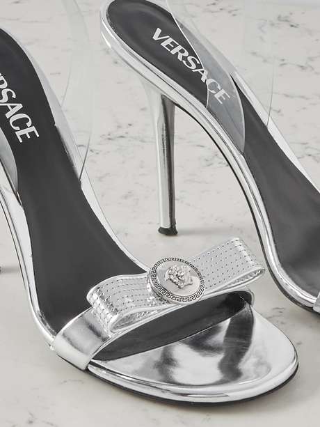 VERSACE Bow-embellished metallic leather and PVC slingback sandals ...