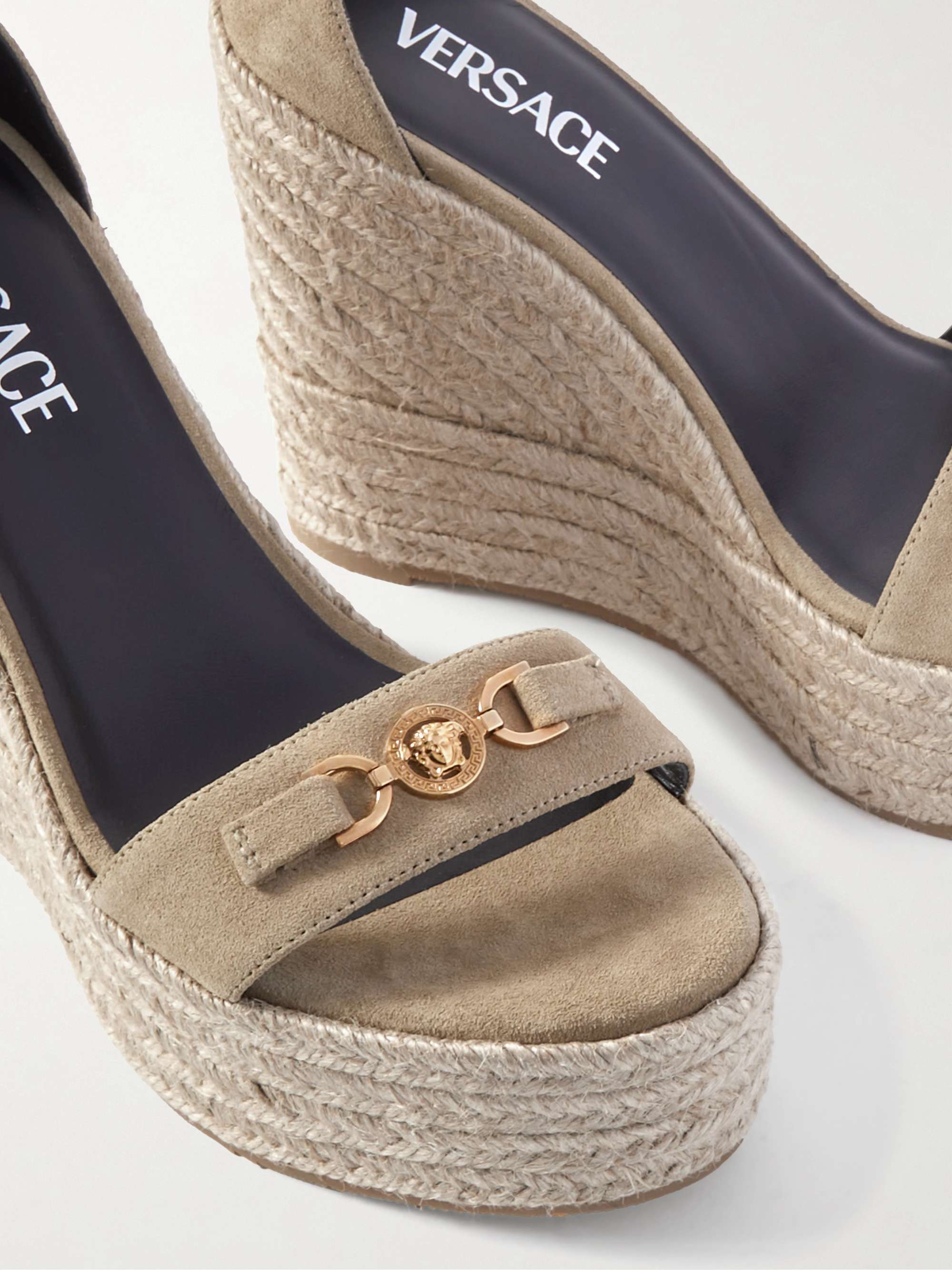 VERSACE Embellished suede espadrille wedge sandals | NET-A-PORTER