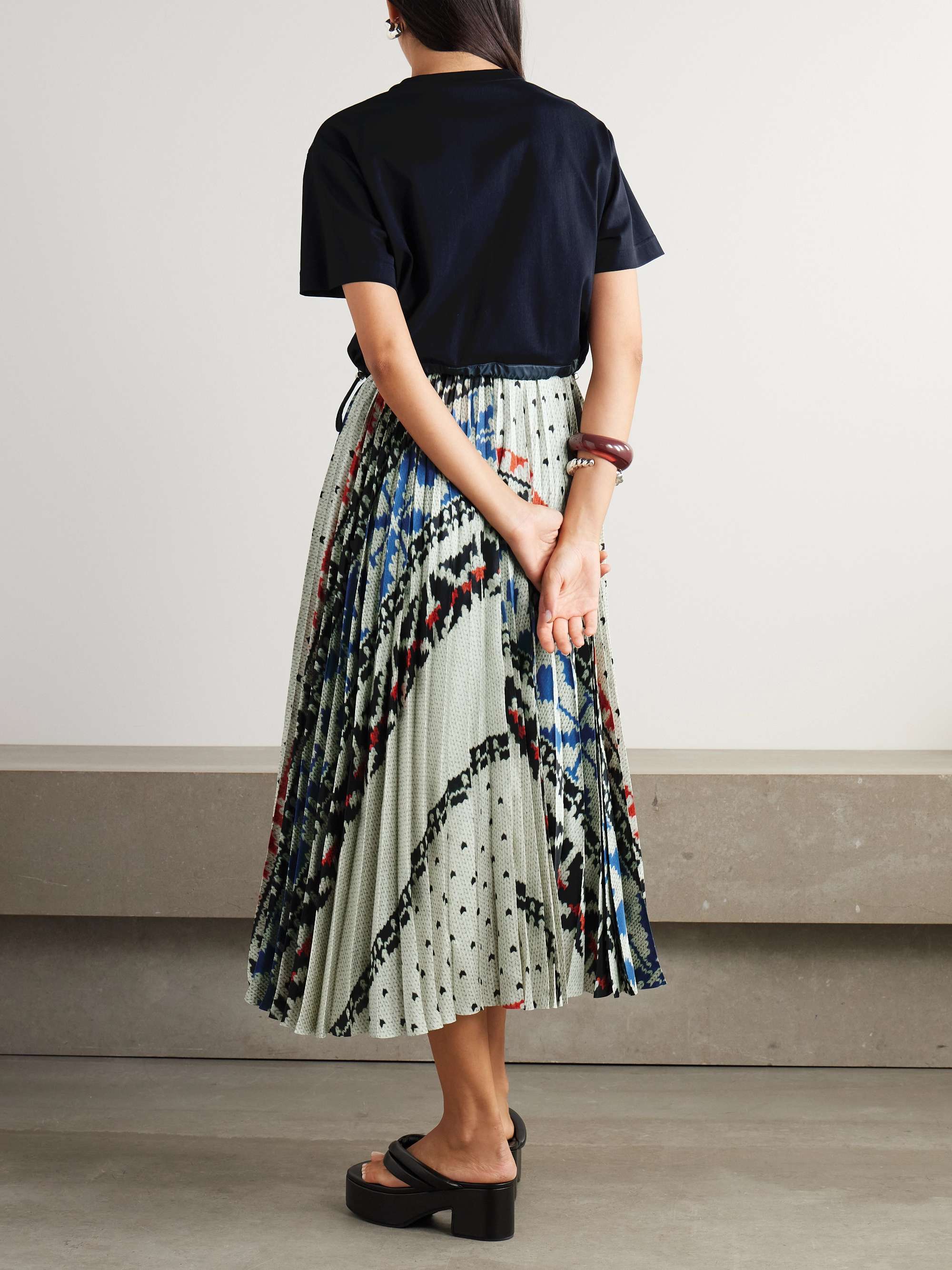 SACAI Pleated satin-trimmed cotton-jersey midi dress | NET-A-PORTER