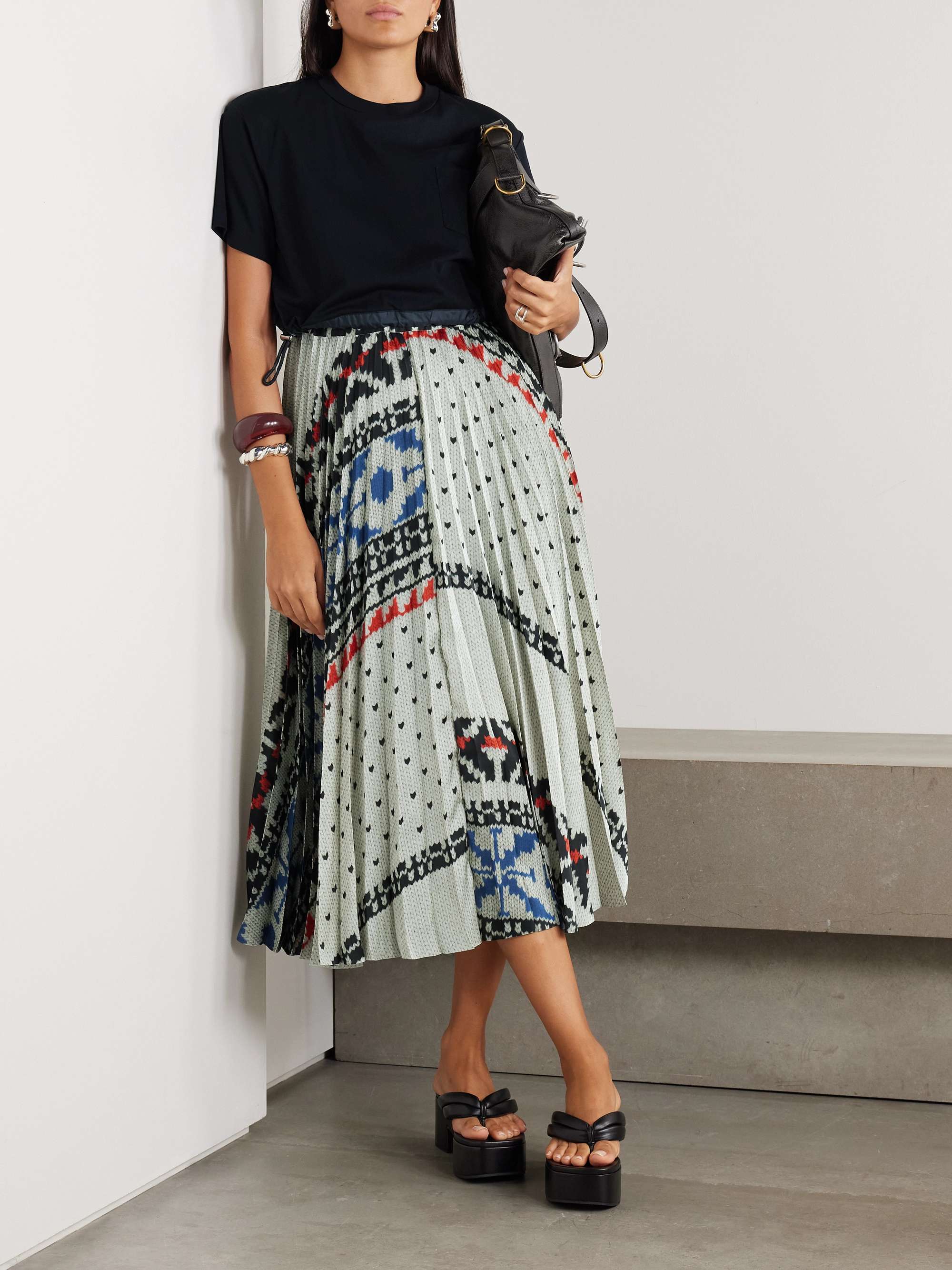 SACAI Pleated satin-trimmed cotton-jersey midi dress | NET-A-PORTER