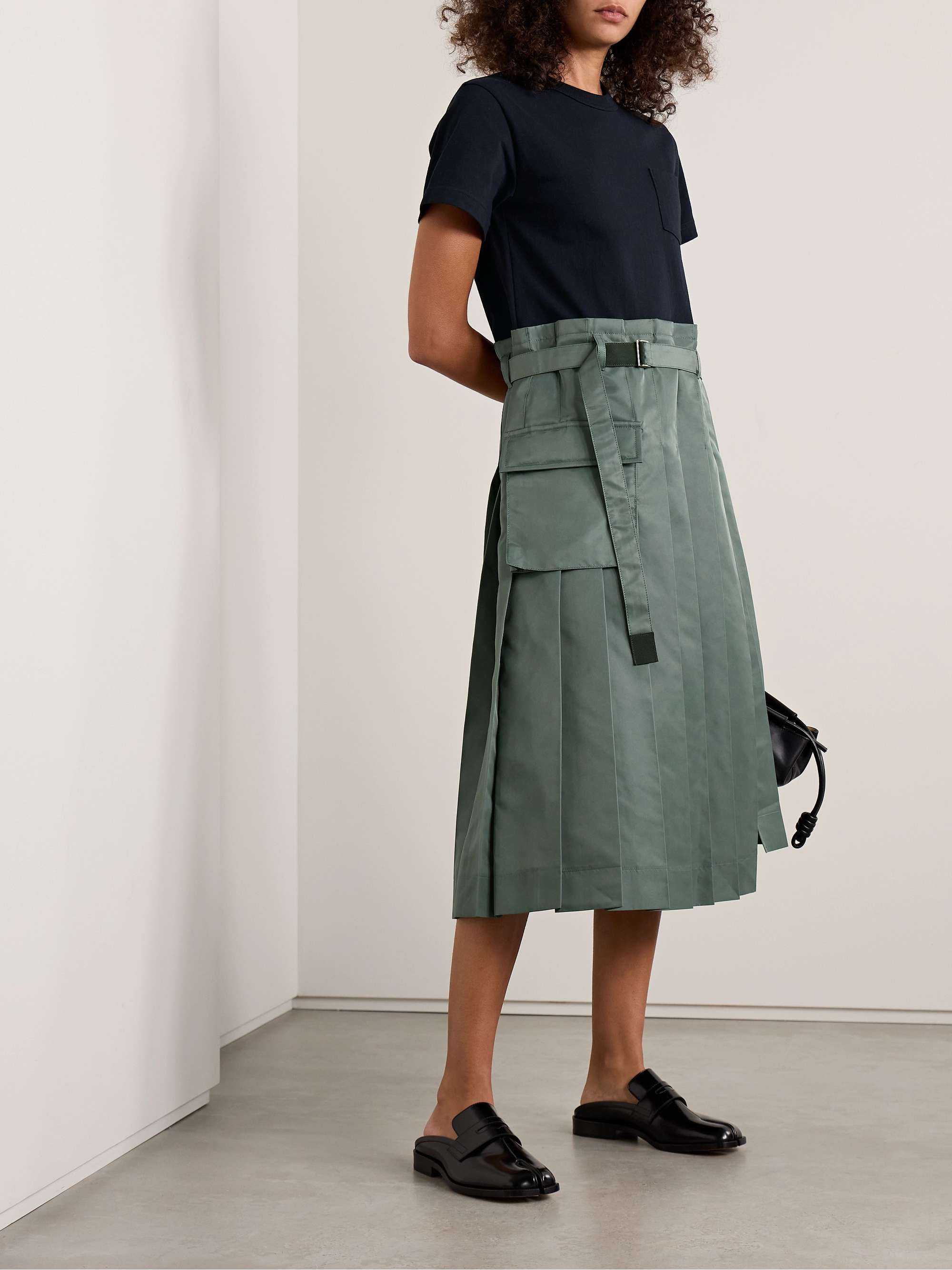 SACAI Belted pleated shell and cotton-jersey midi dress | NET-A-PORTER