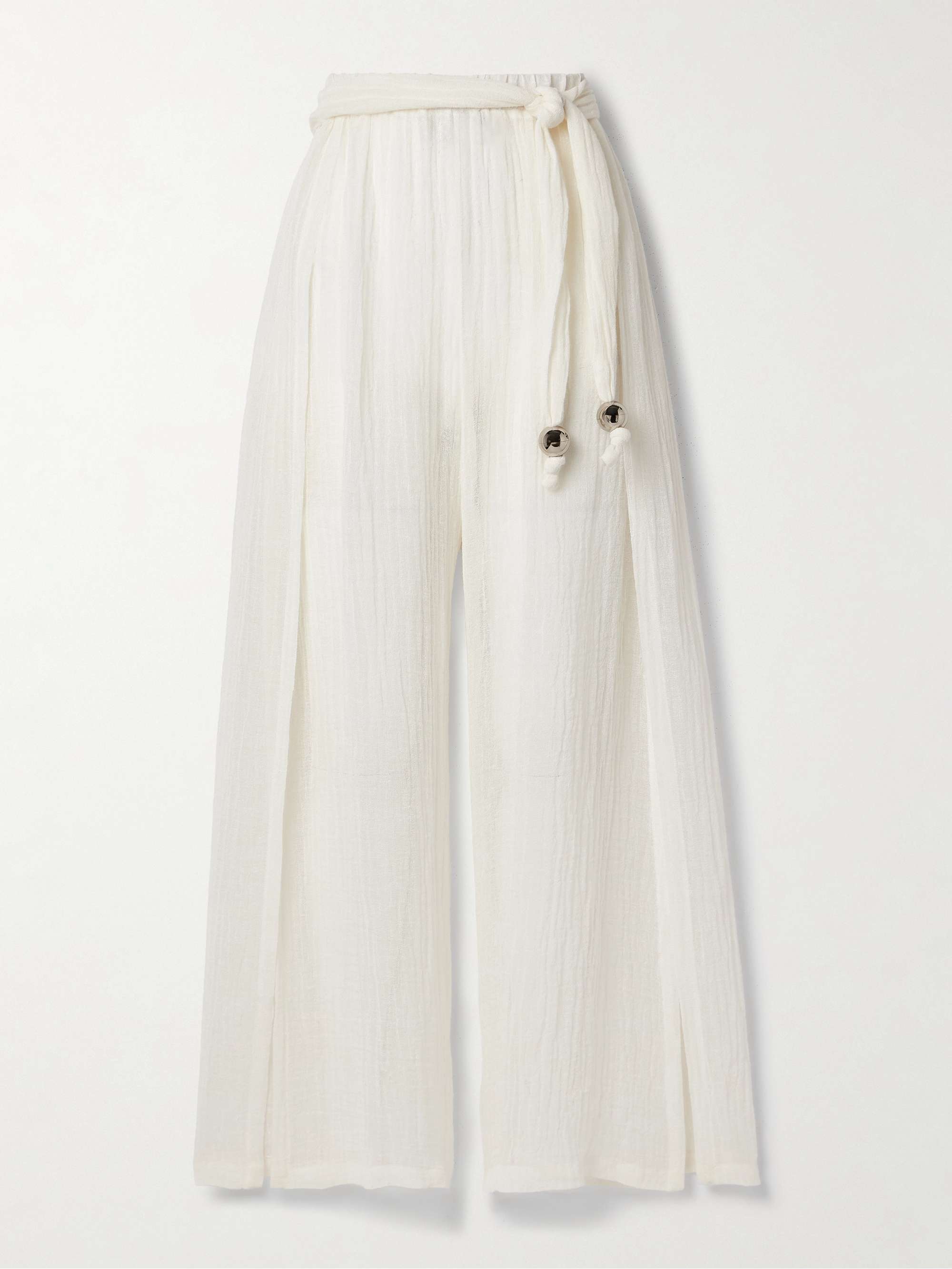 Lisa Marie Fernandez Belted Crinkled Linen Blend Gauze Wide Leg Pants
