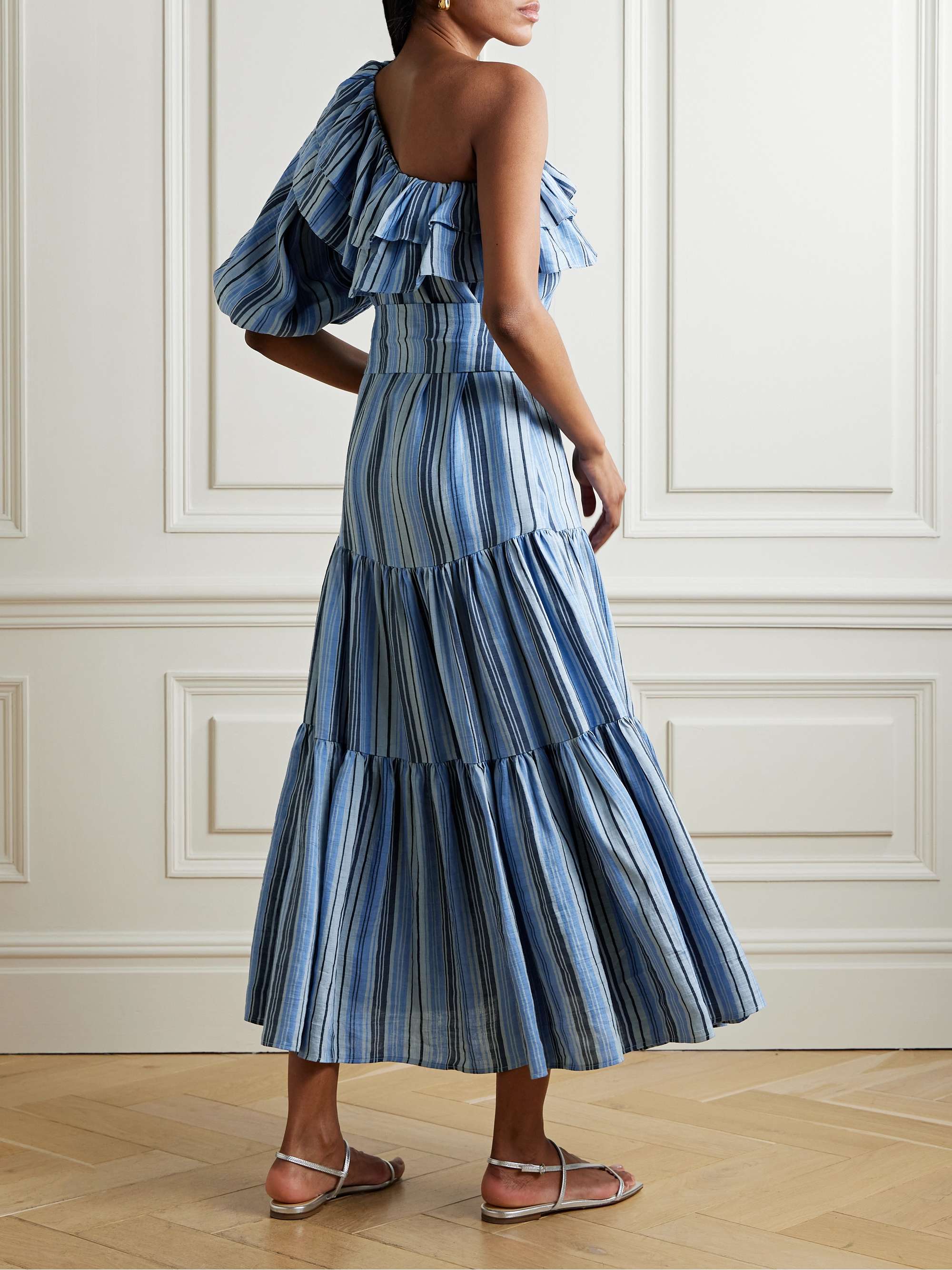 LISA MARIE FERNANDEZ Arden belted one-sleeve ruffled striped linen ...