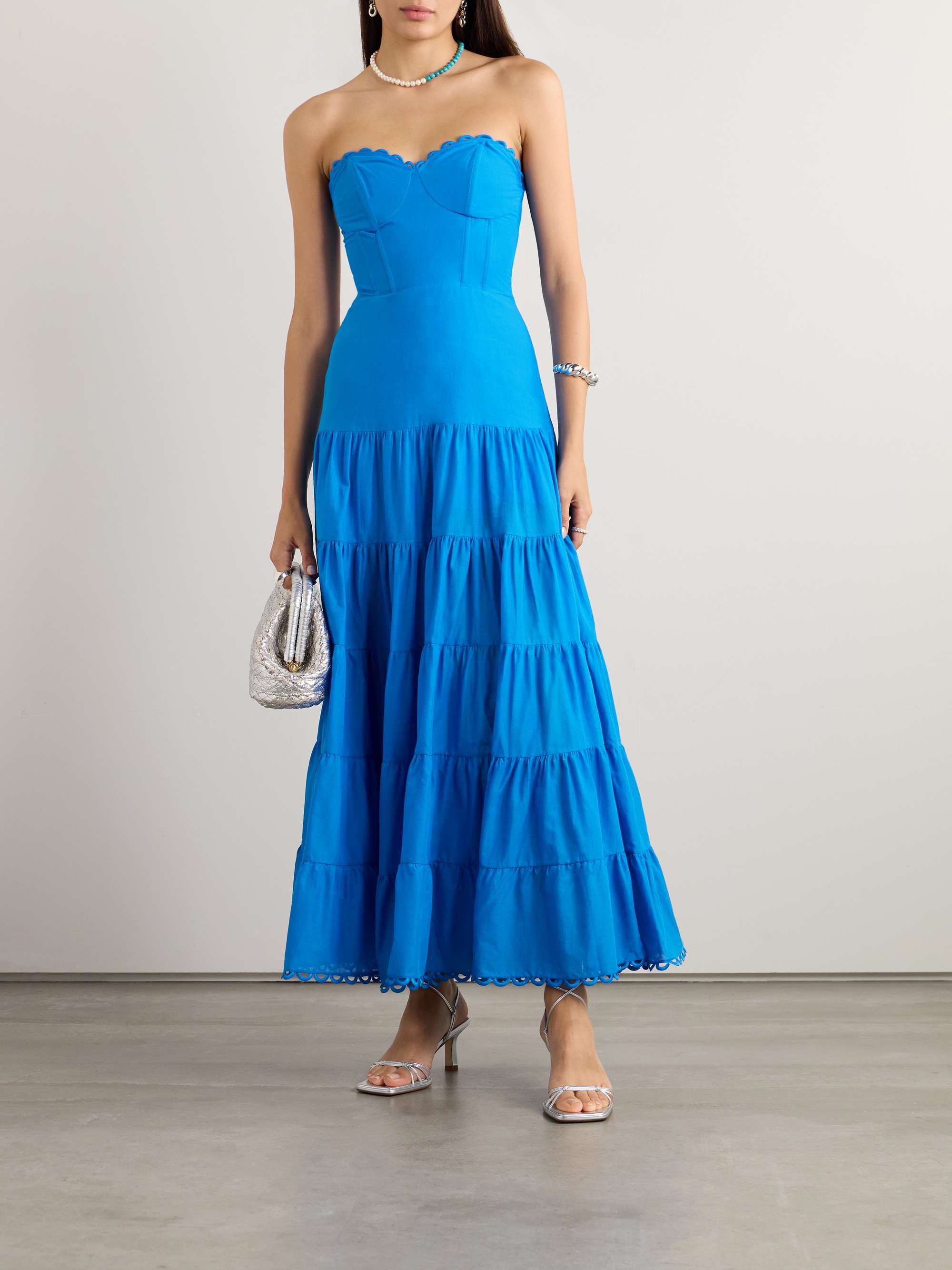 CHARO RUIZ Danny 抹胸马德拉刺绣边饰层接式棉质混纺巴里纱超长连衣裙 | NET-A-PORTER