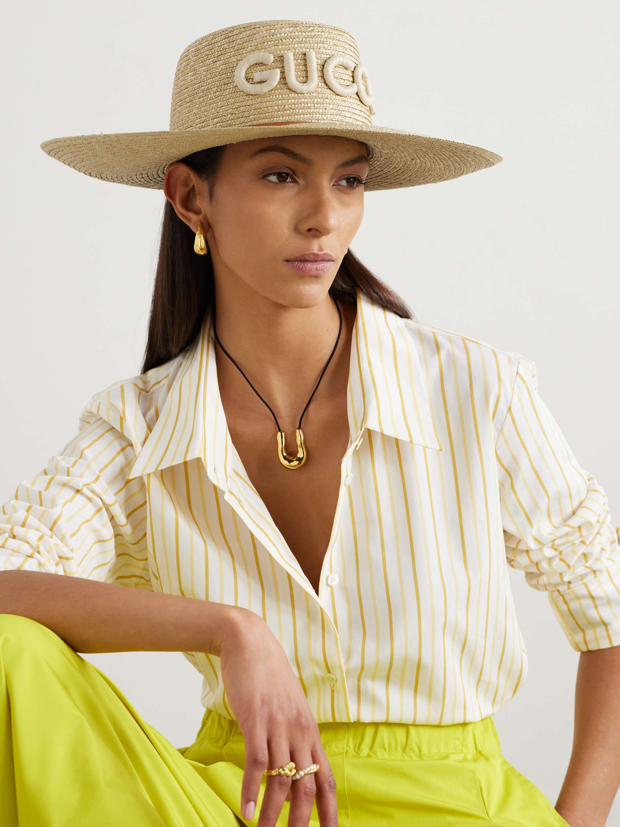 GUCCI Appliquéd leather-trimmed straw hat | NET-A-PORTER