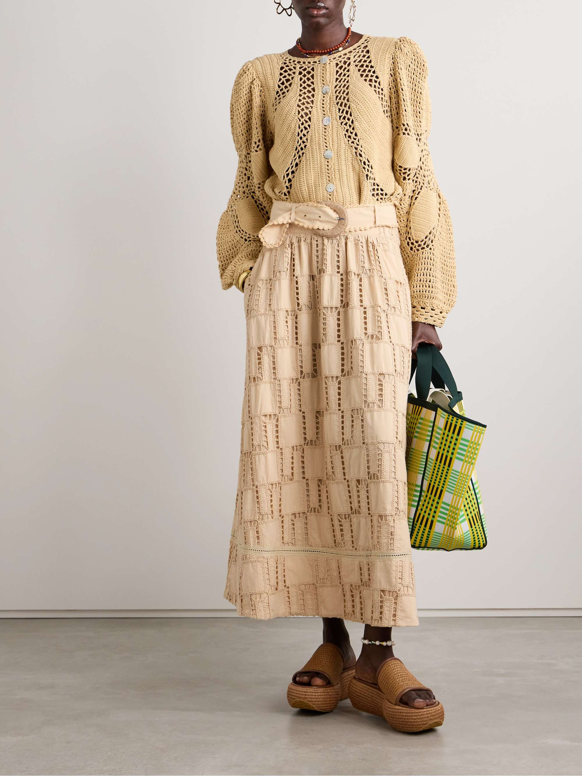 FARM RIO Belted crochet-trimmed cotton maxi skirt | NET-A-PORTER