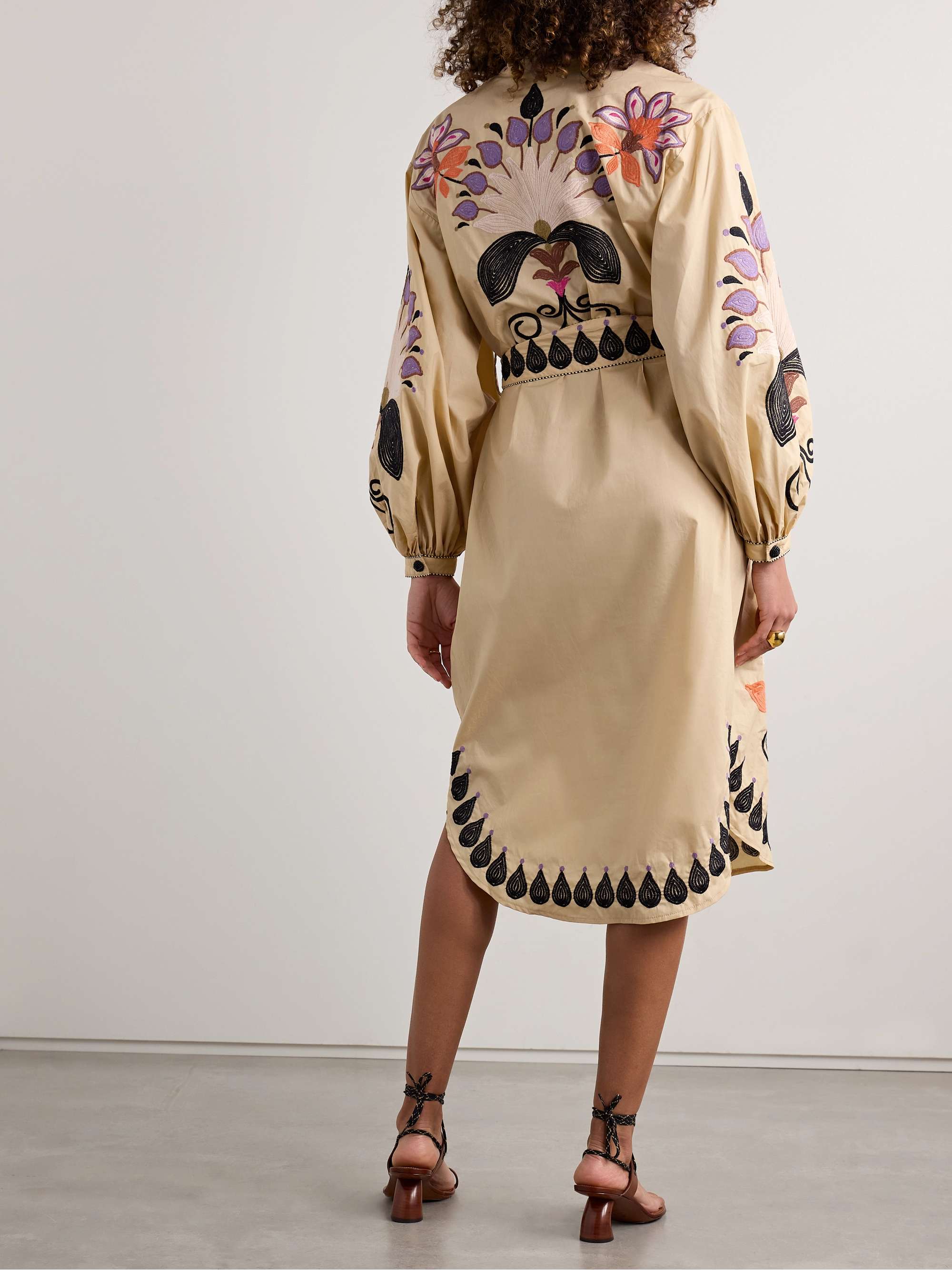 FARM RIO Belted embellished embroidered cotton midi shirt dress | NET-A ...