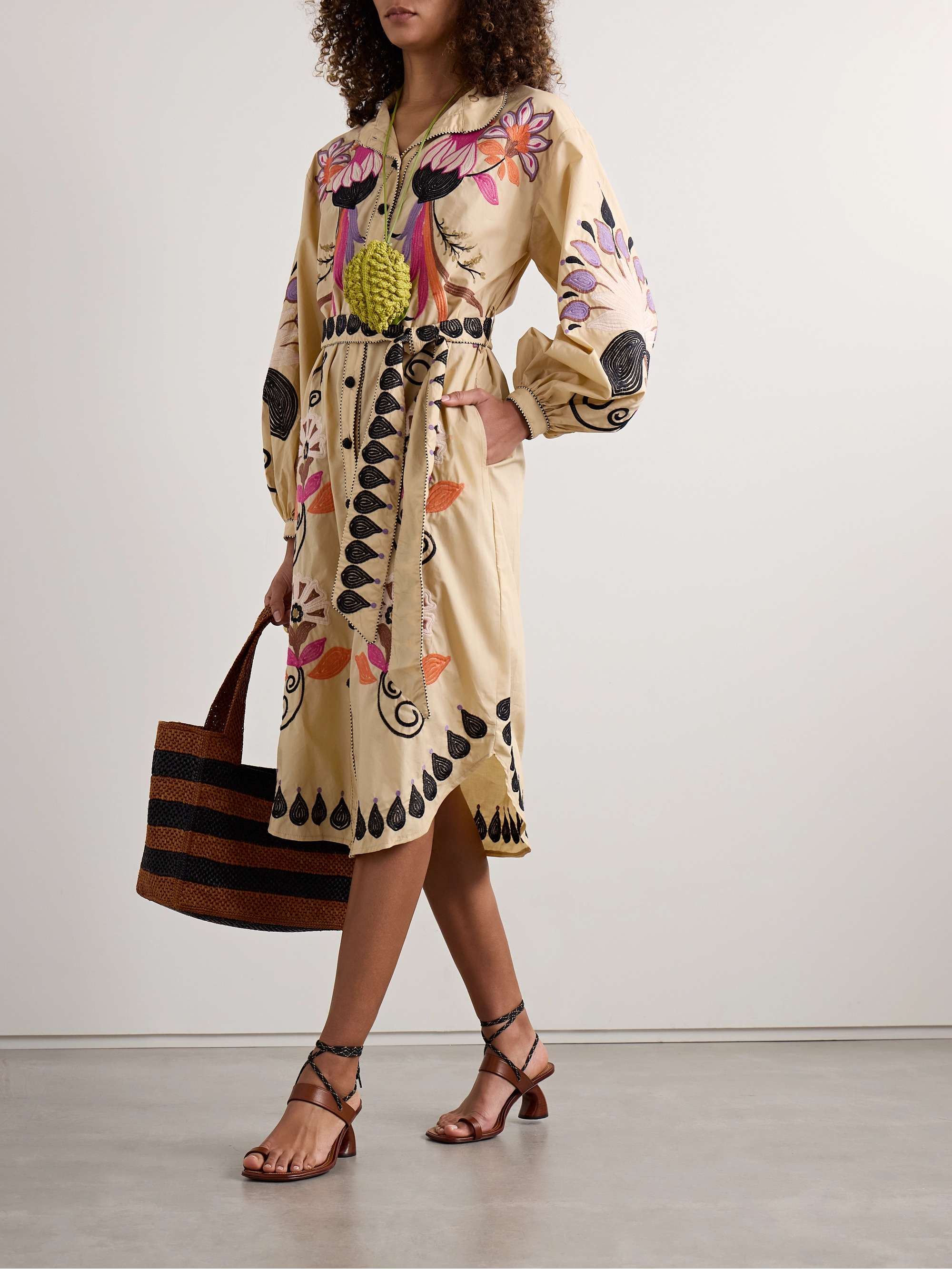 FARM RIO Belted embellished embroidered cotton midi shirt dress | NET-A ...